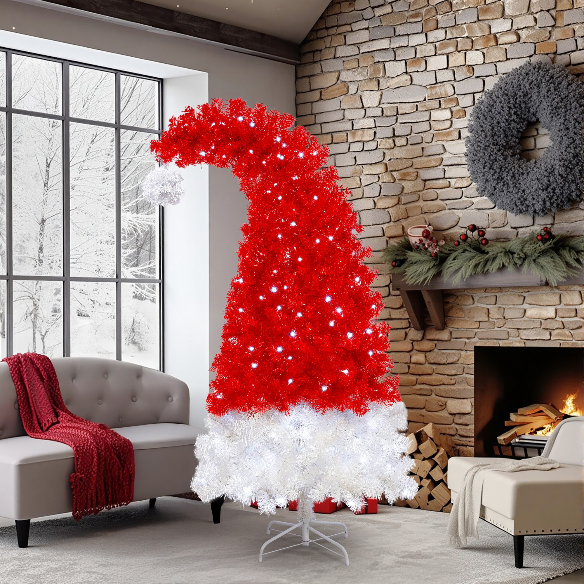 Red White 6FT Santa's Hat Shape Artificial Christmas Tree with LED ...