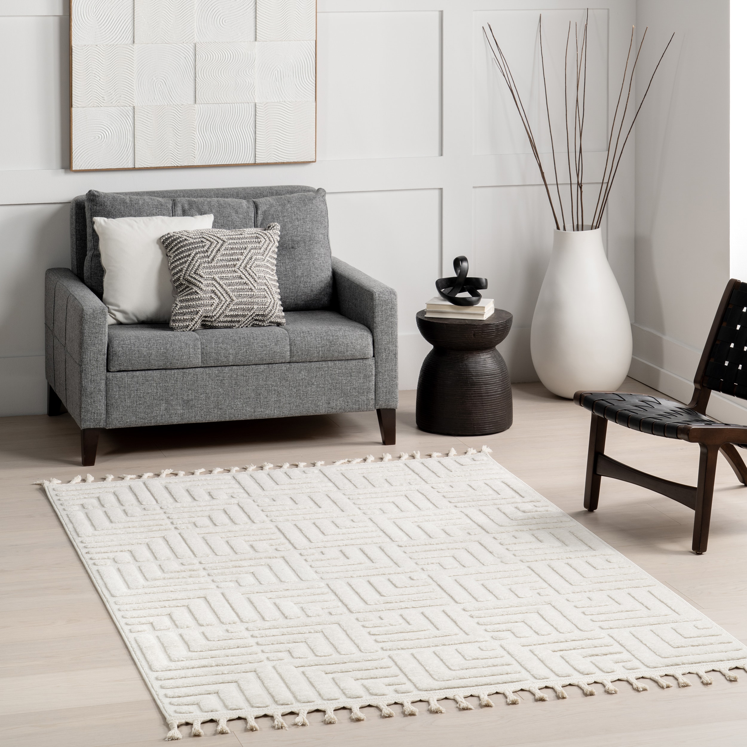 nuLOOM Kerensa Geometric Maze Tasseled 5ft. 3in. x 7ft. 6in. Cream Area ...