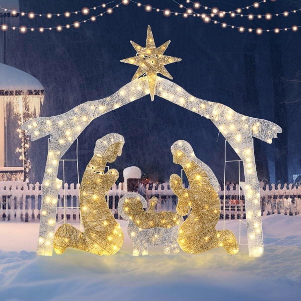 Kazeila 6ft Christmas Nativity Scene Garden Decoration - Silver Roof ...