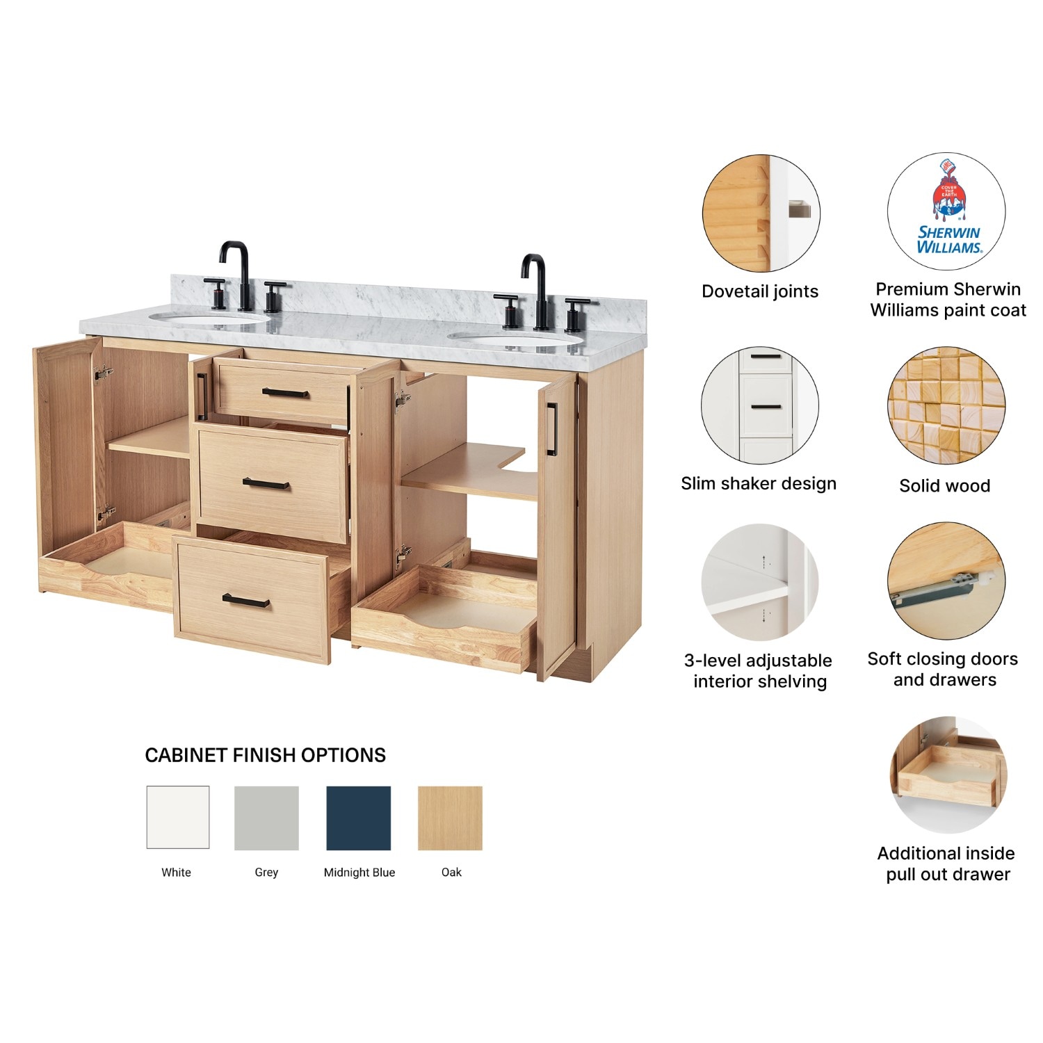 ARIEL Kelly 66-in Oak Undermount Double Sink Bathroom Vanity with ...
