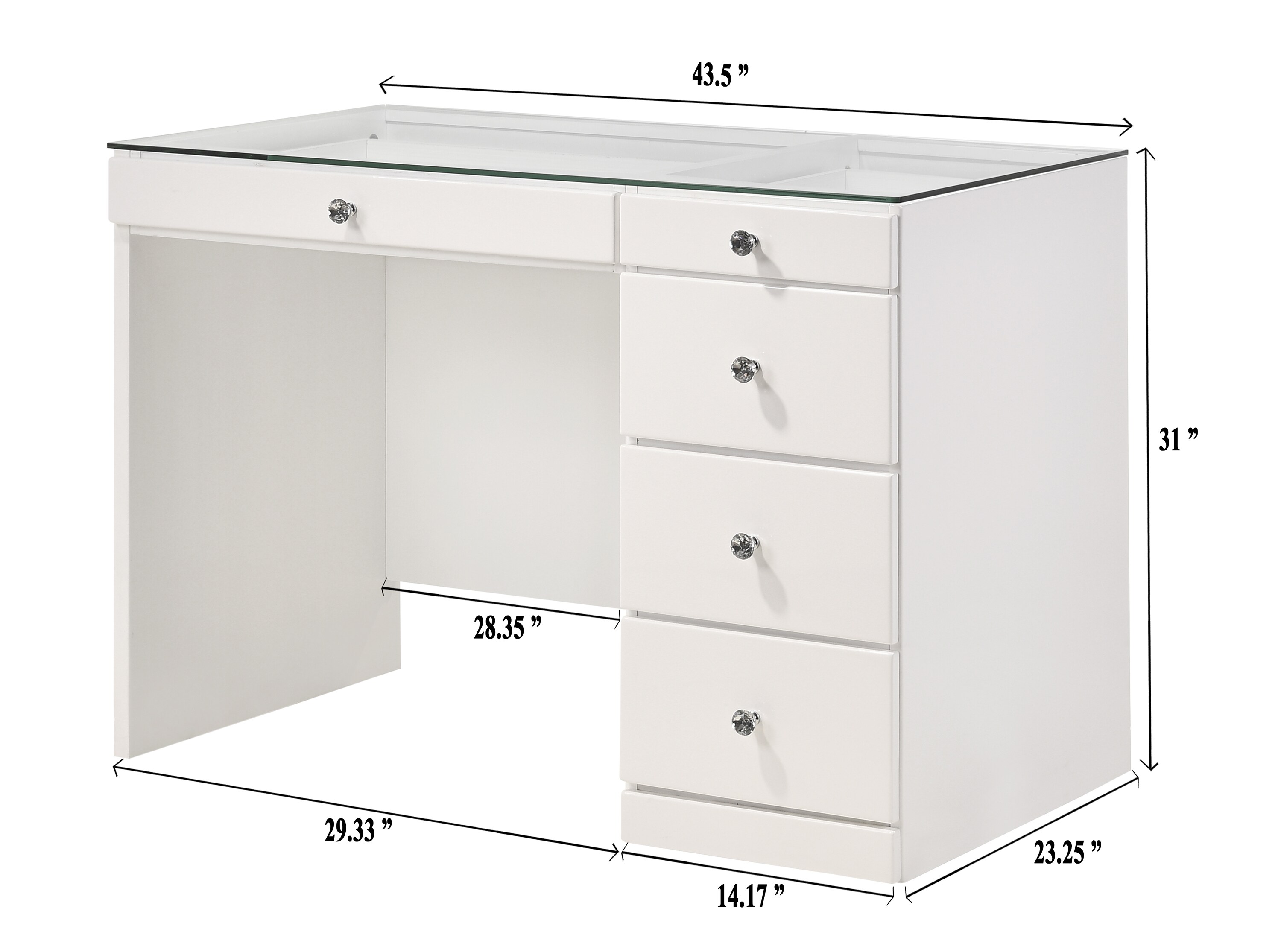 White Makeup Vanity Table Glass Top Five Drawers Crystal Knobs Bedroom ...