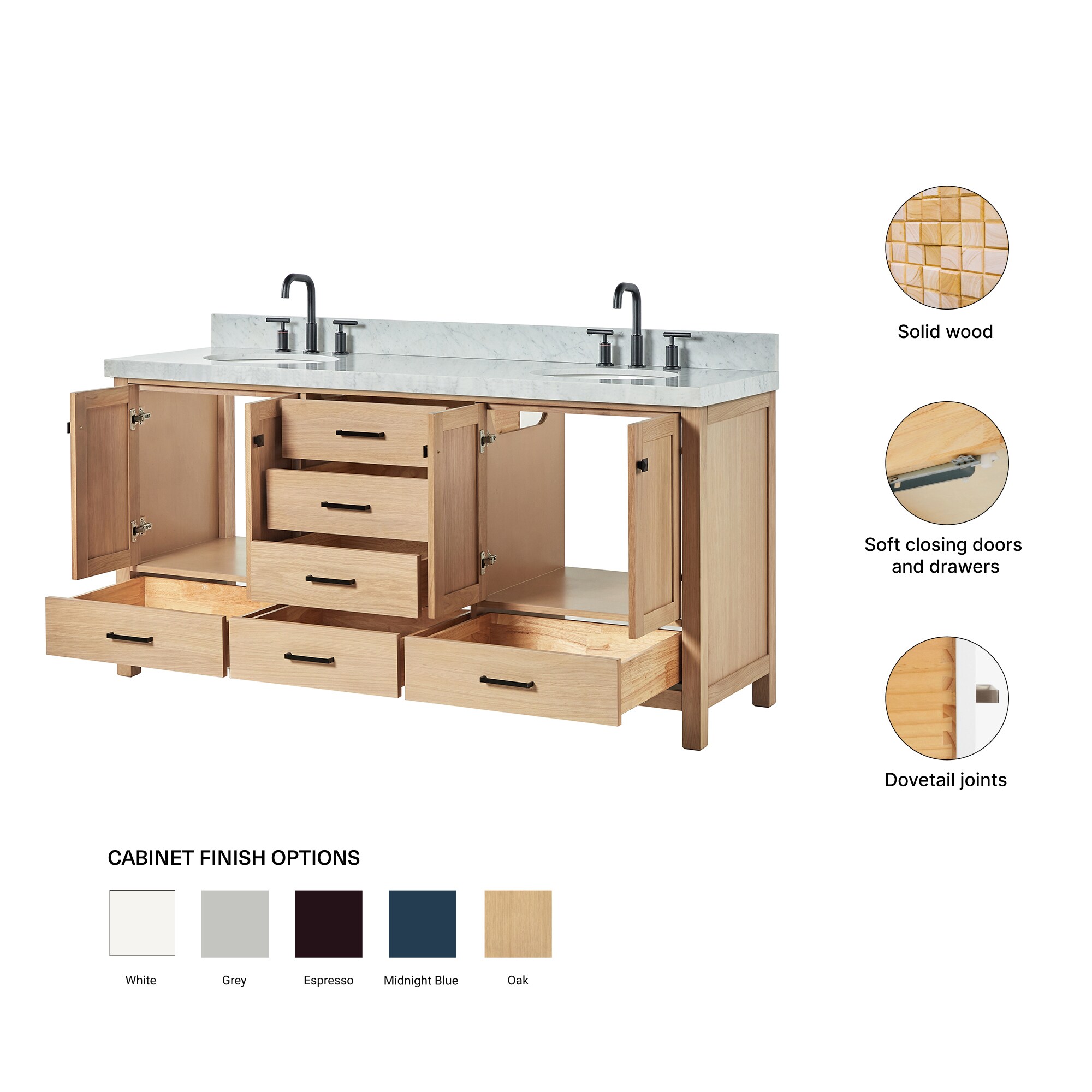 ARIEL Cambridge 72-in Oak Undermount Double Sink Bathroom Vanity with 2 ...