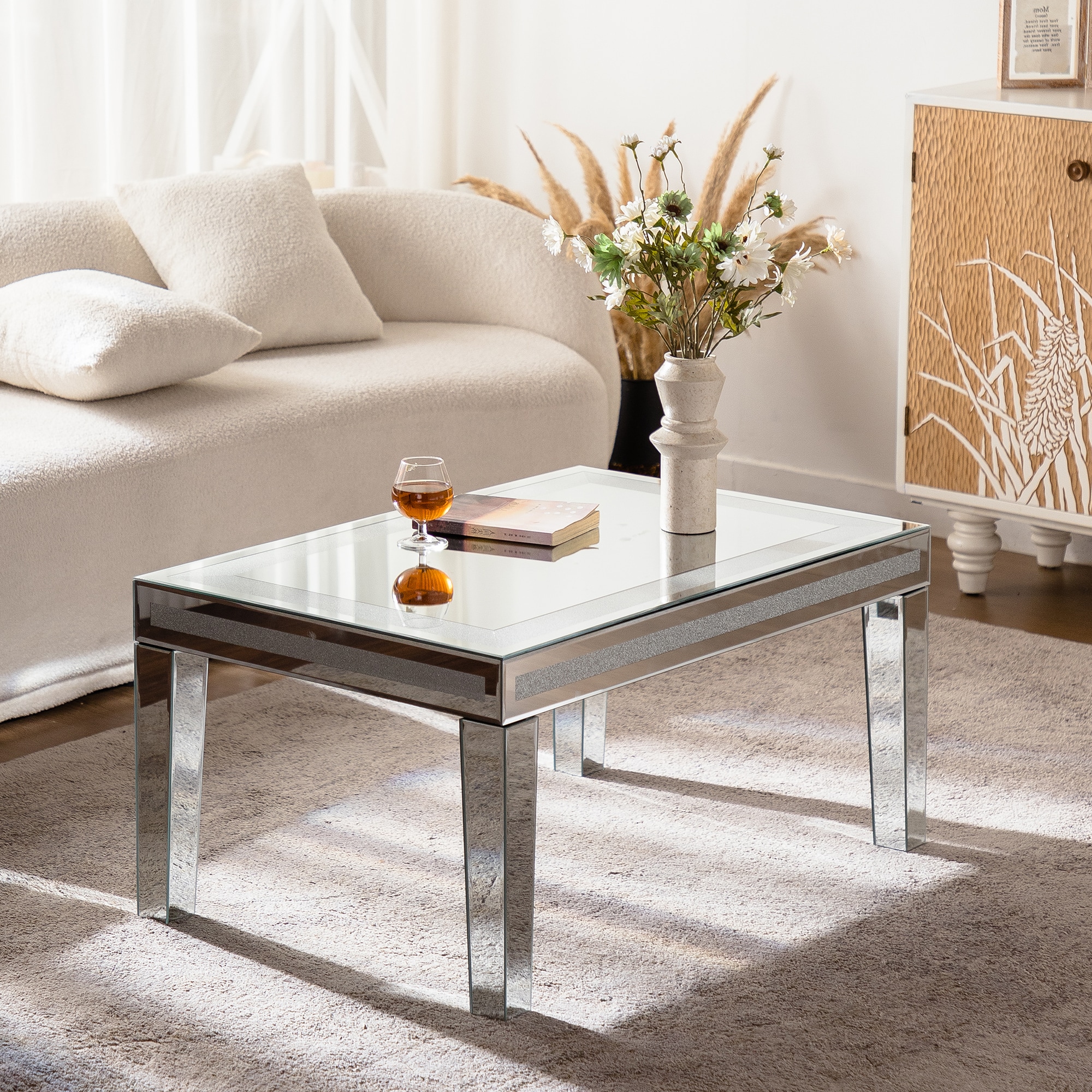 LUXEYARD Silver Coffee Table Living Room Crushed Crystal Border Clear ...