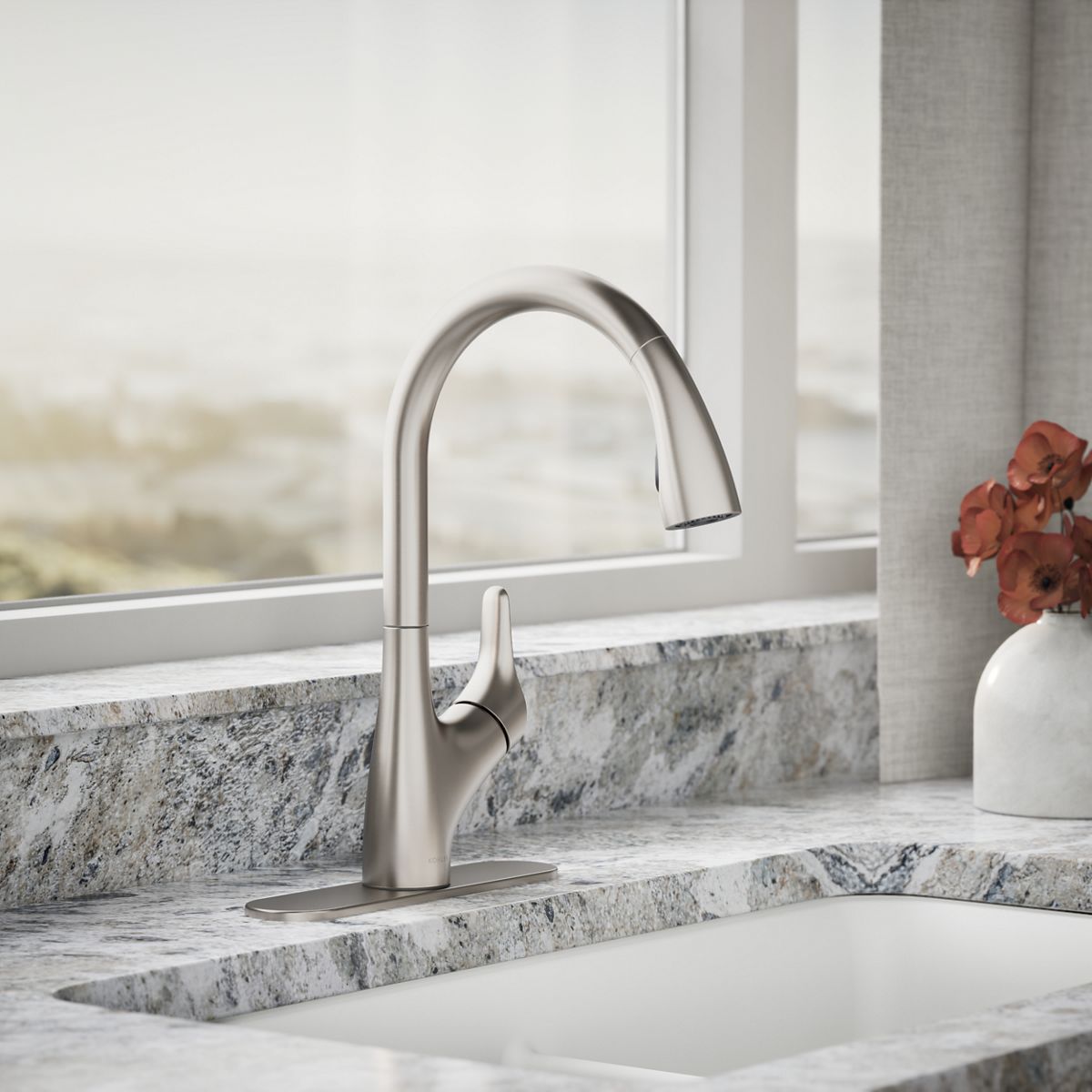 KOHLER Rival Vibrant Stainless Single Handle Pull-down Kitchen Faucet ...