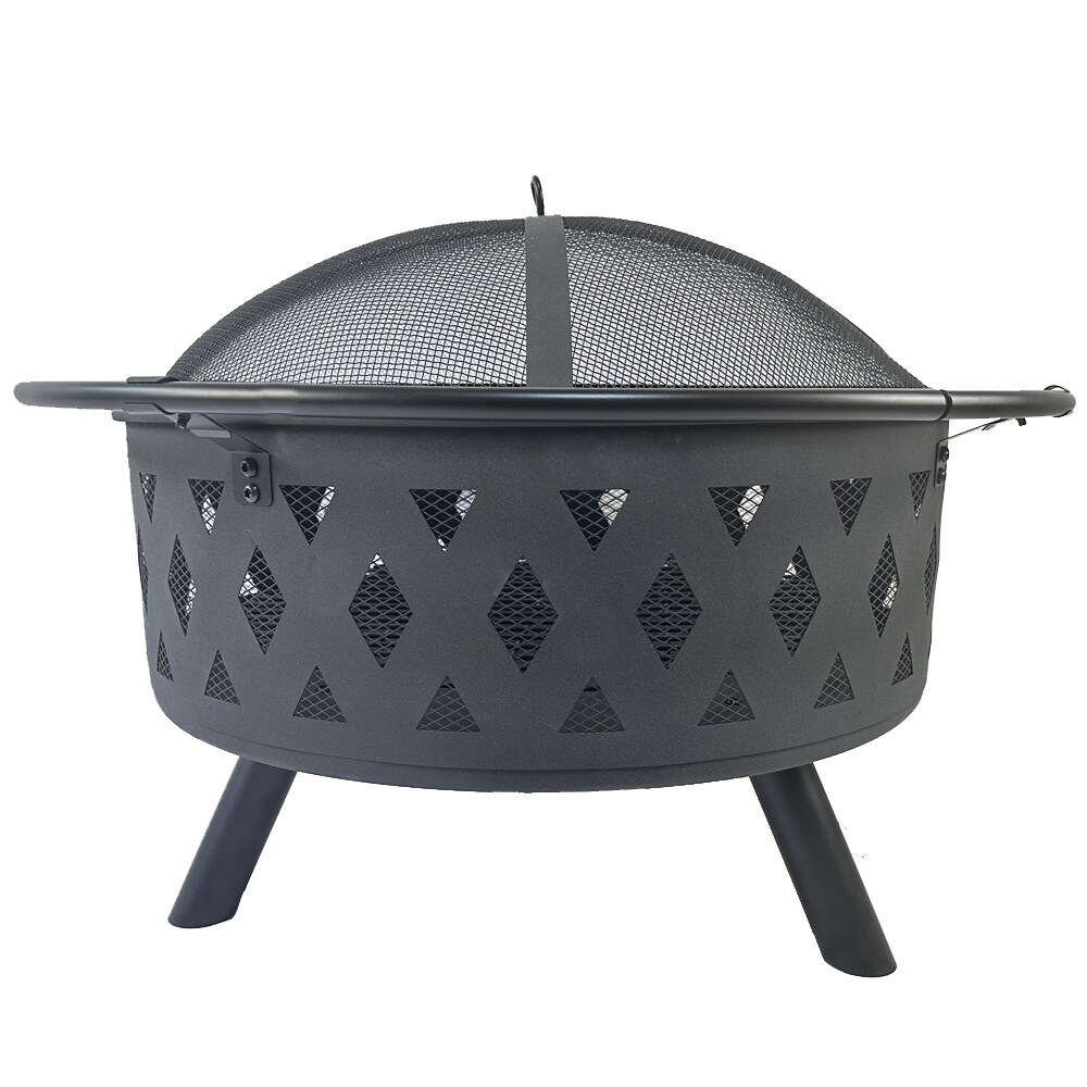 LOVMOR Round Fire Pit with Net Cover Fire Poker Diamond Mesh Metal Wood ...
