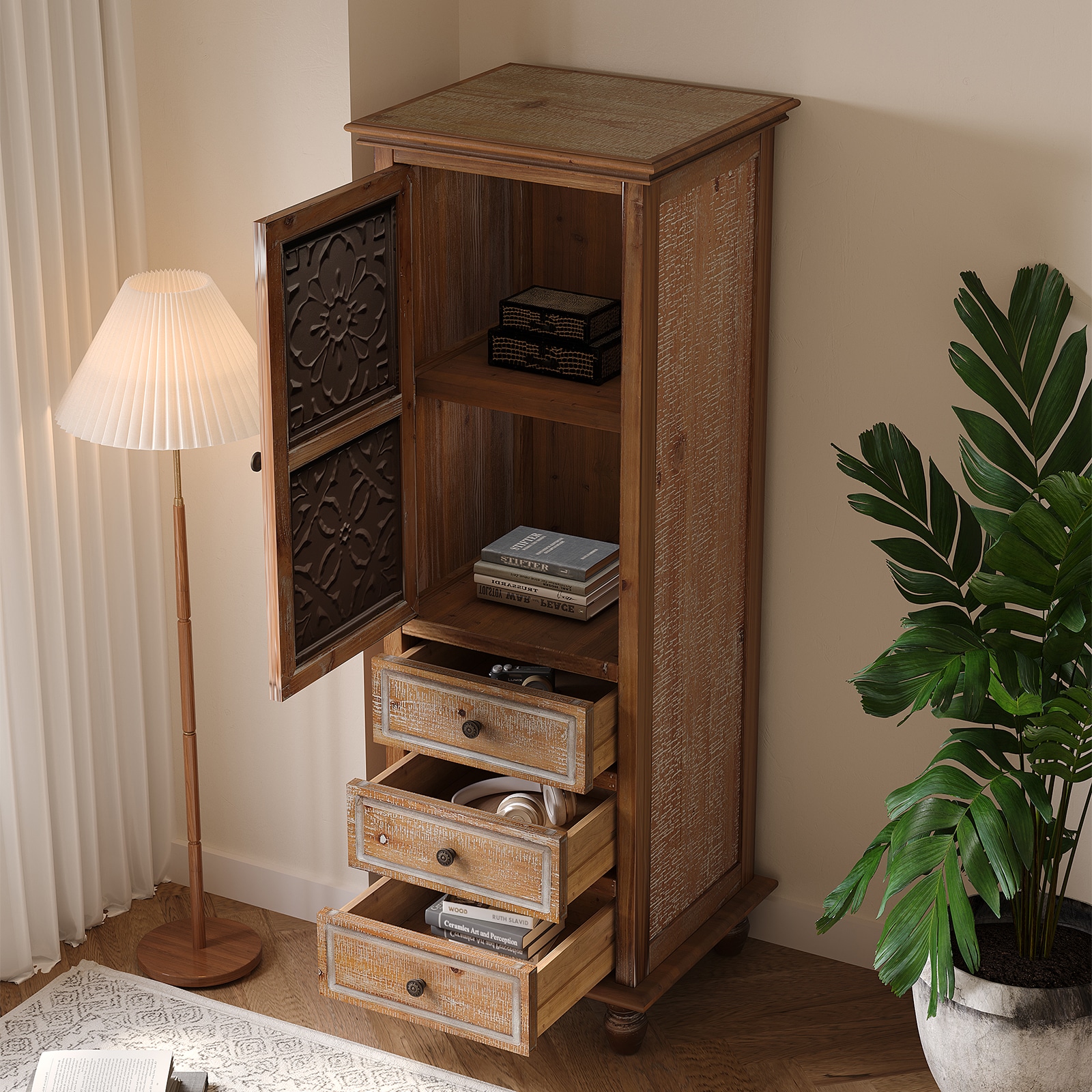 LUXEYARD Rustic Wooden Storage Cabinet with Decorative Cutout Door and ...