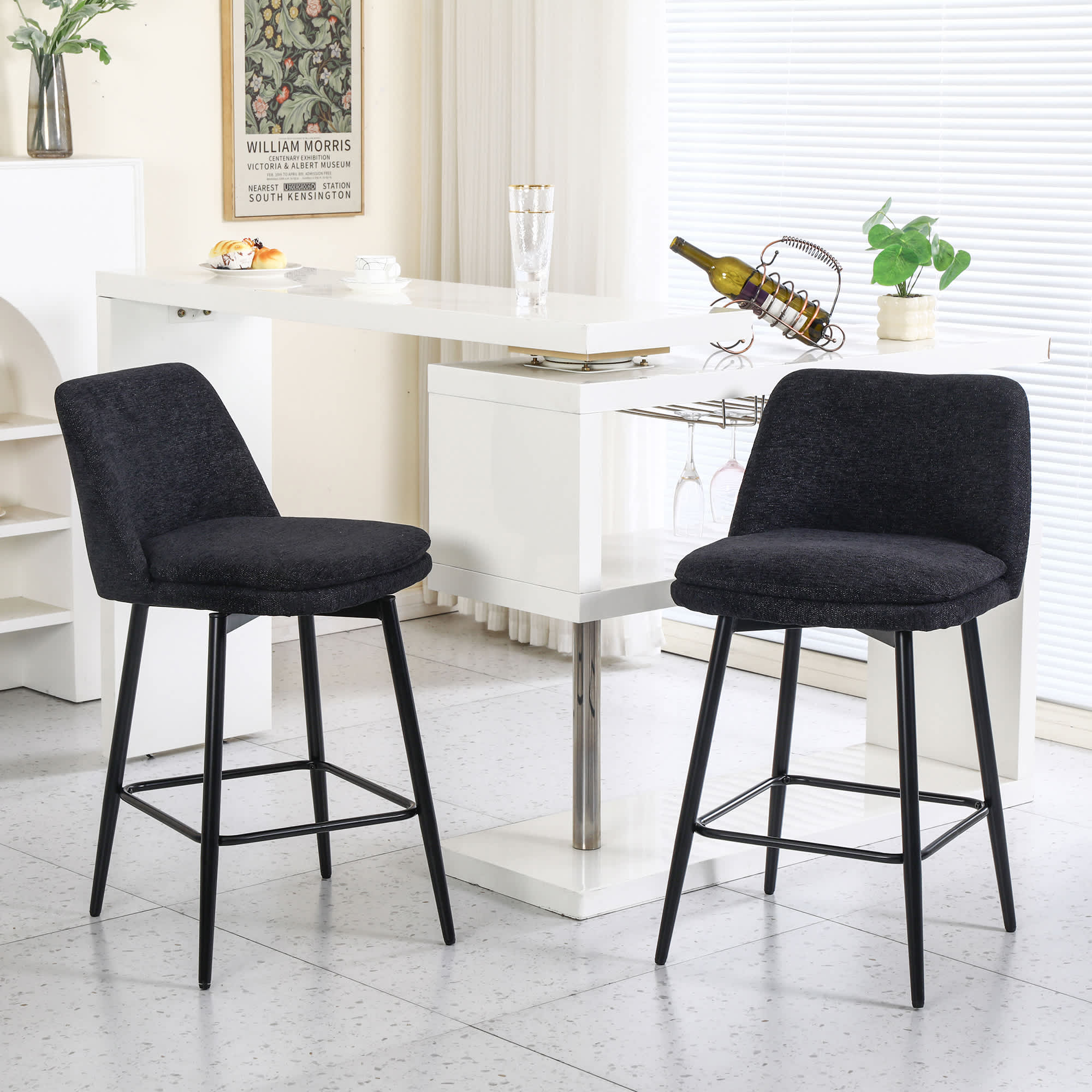 Vynxaria Set of 2 Black Linen Counter Height Swivel Bar Stools 360 ...