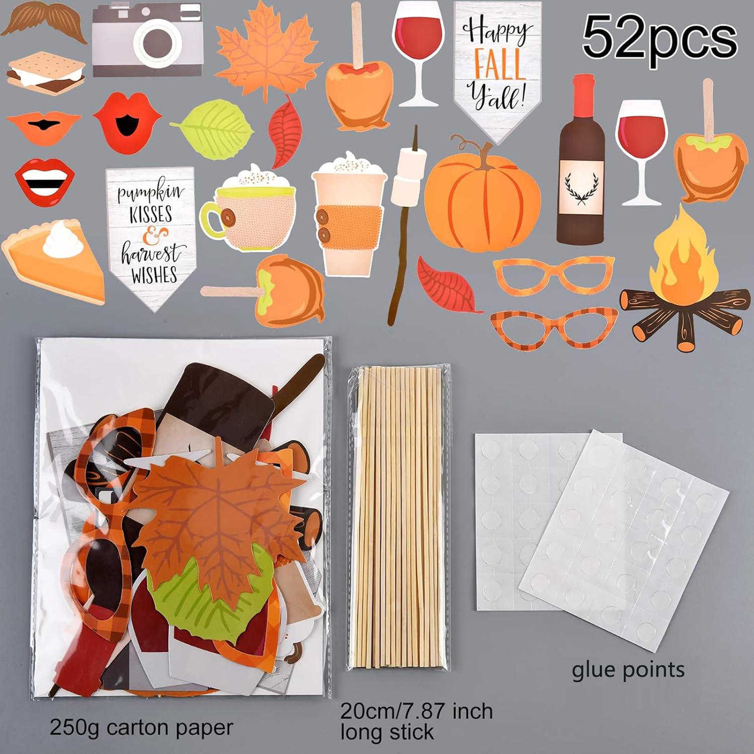 Etokfoks 52 Piece Happy Fall Yall Photo Booth Props Kit with Wooden ...
