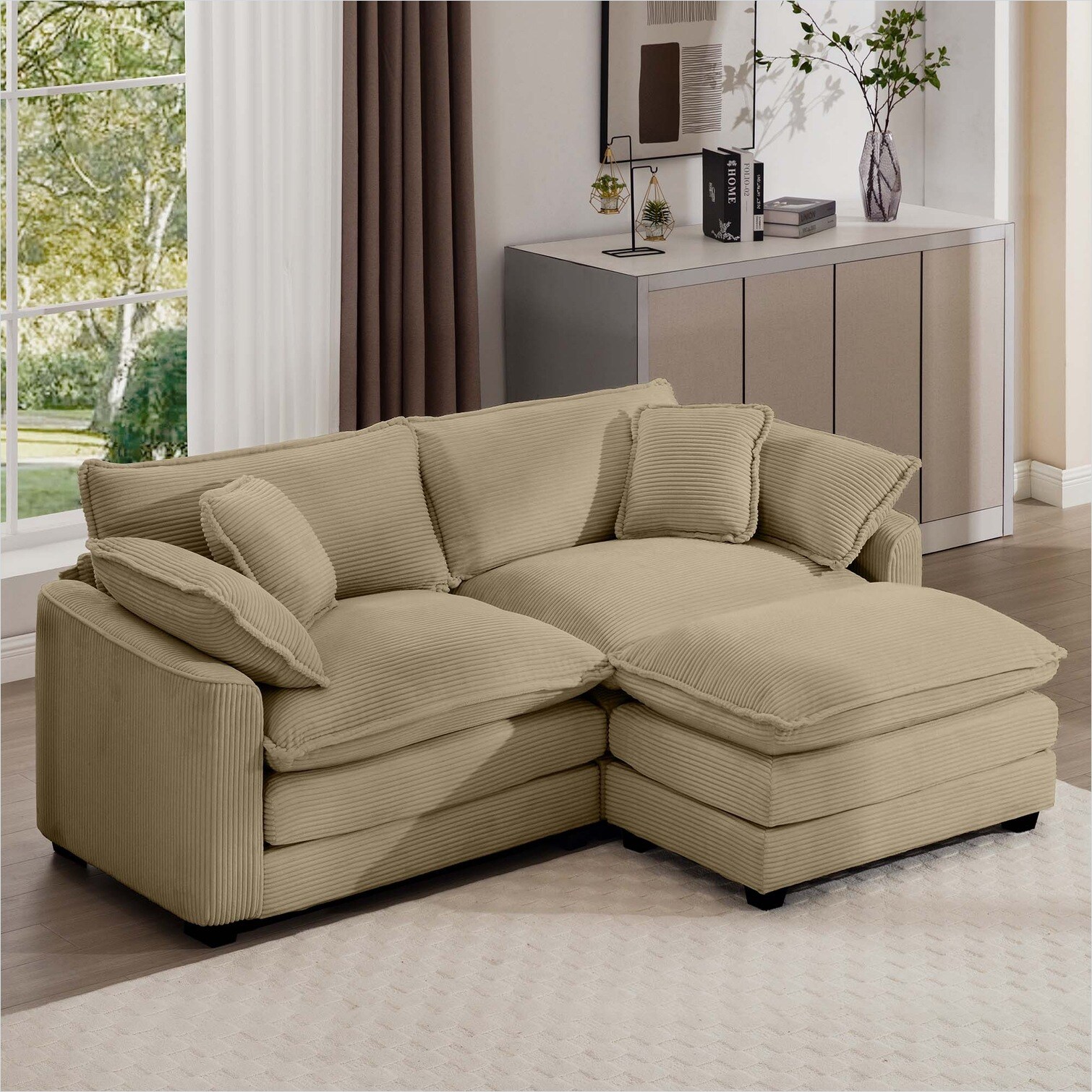 Naturefalls Corduroy L-Shape 2-Seater Sofa with Ottoman Compact Tan ...