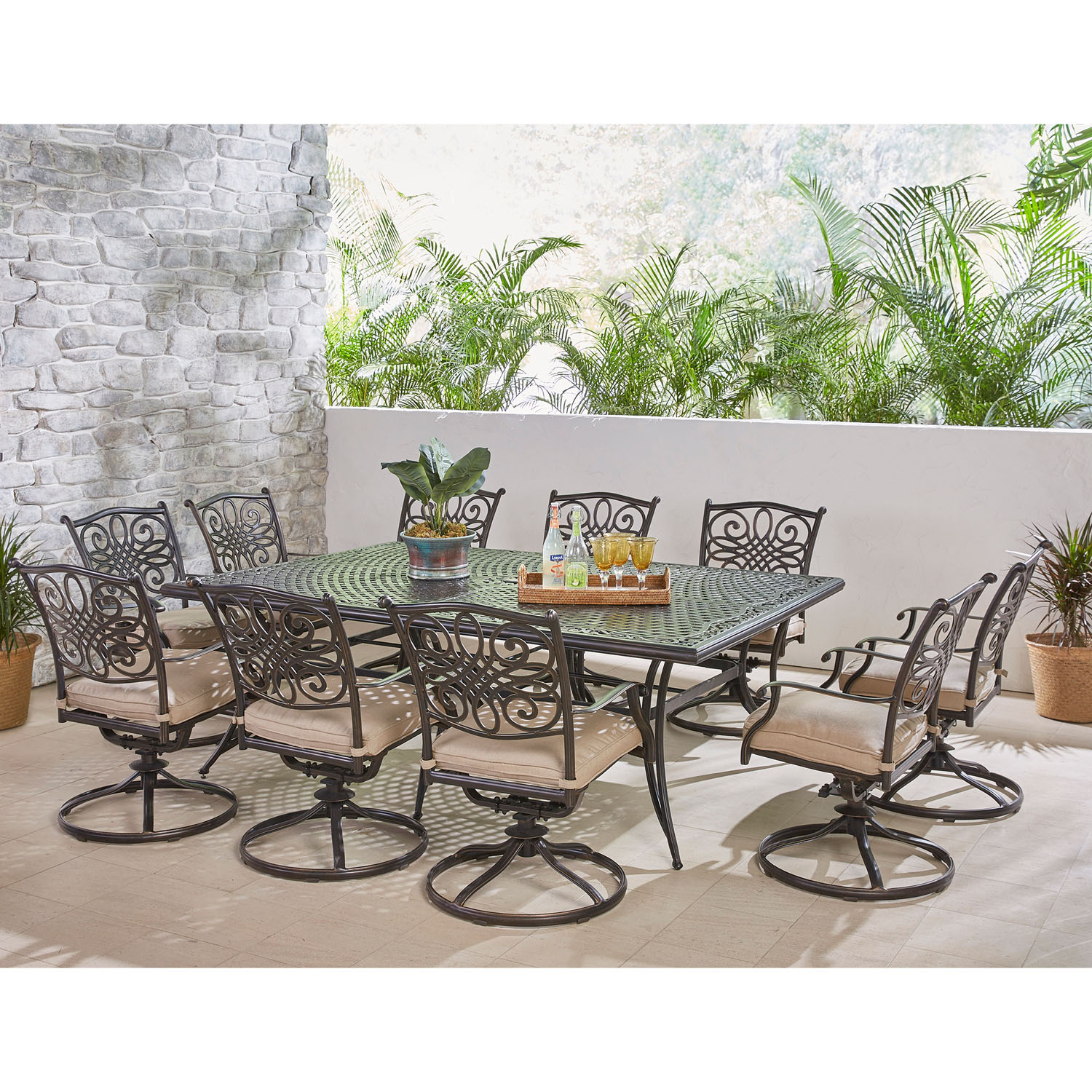 Hanover Traditions 11 Piece Bronze Patio Dining Set Aluminum Rectangle Table with 10 Tan Cushions Swivel Rocker Chairs TRADDN11PCSW10 at Lowes