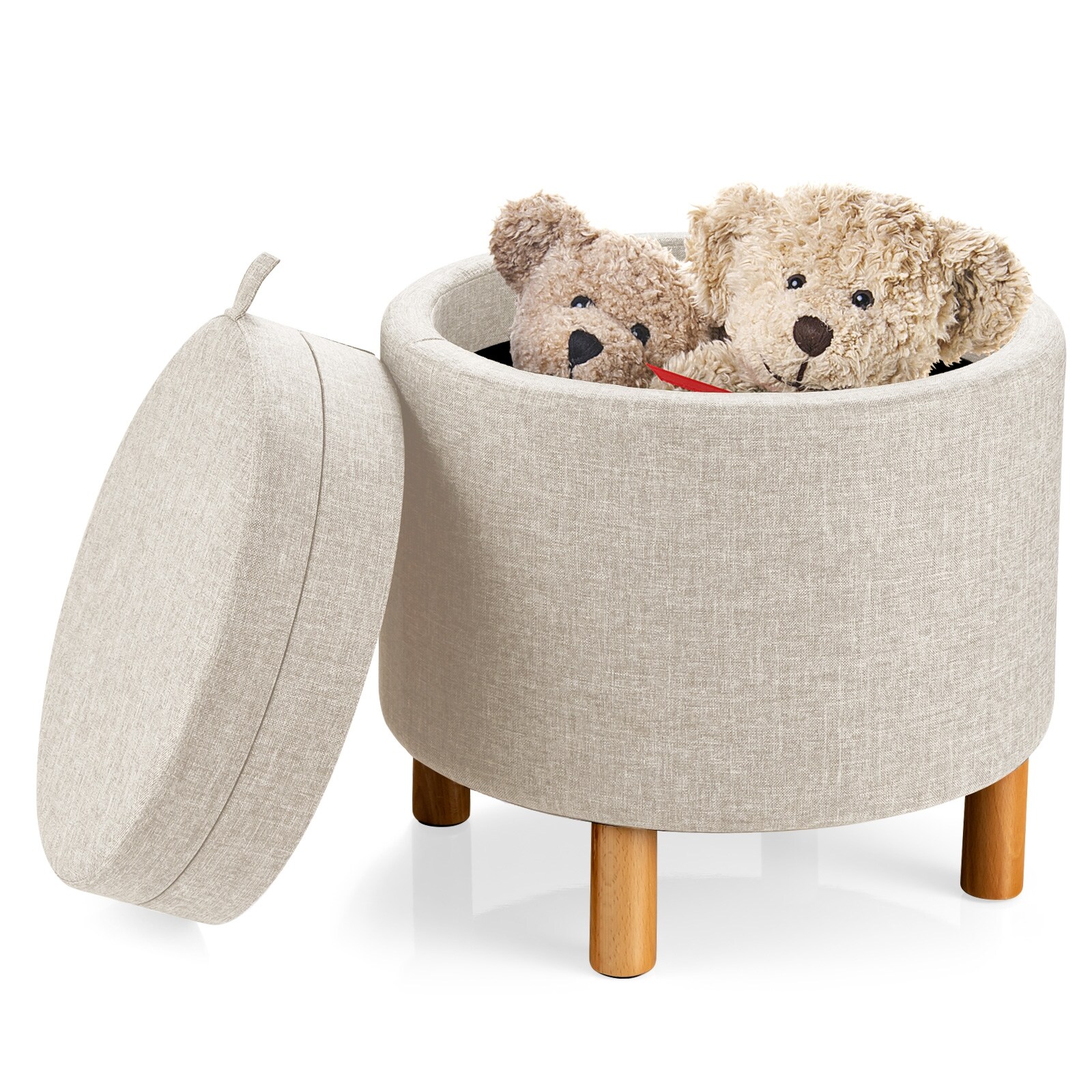 Slickblue Modern Footstool – Beige/Gray Fabric Round Integrated Storage ...