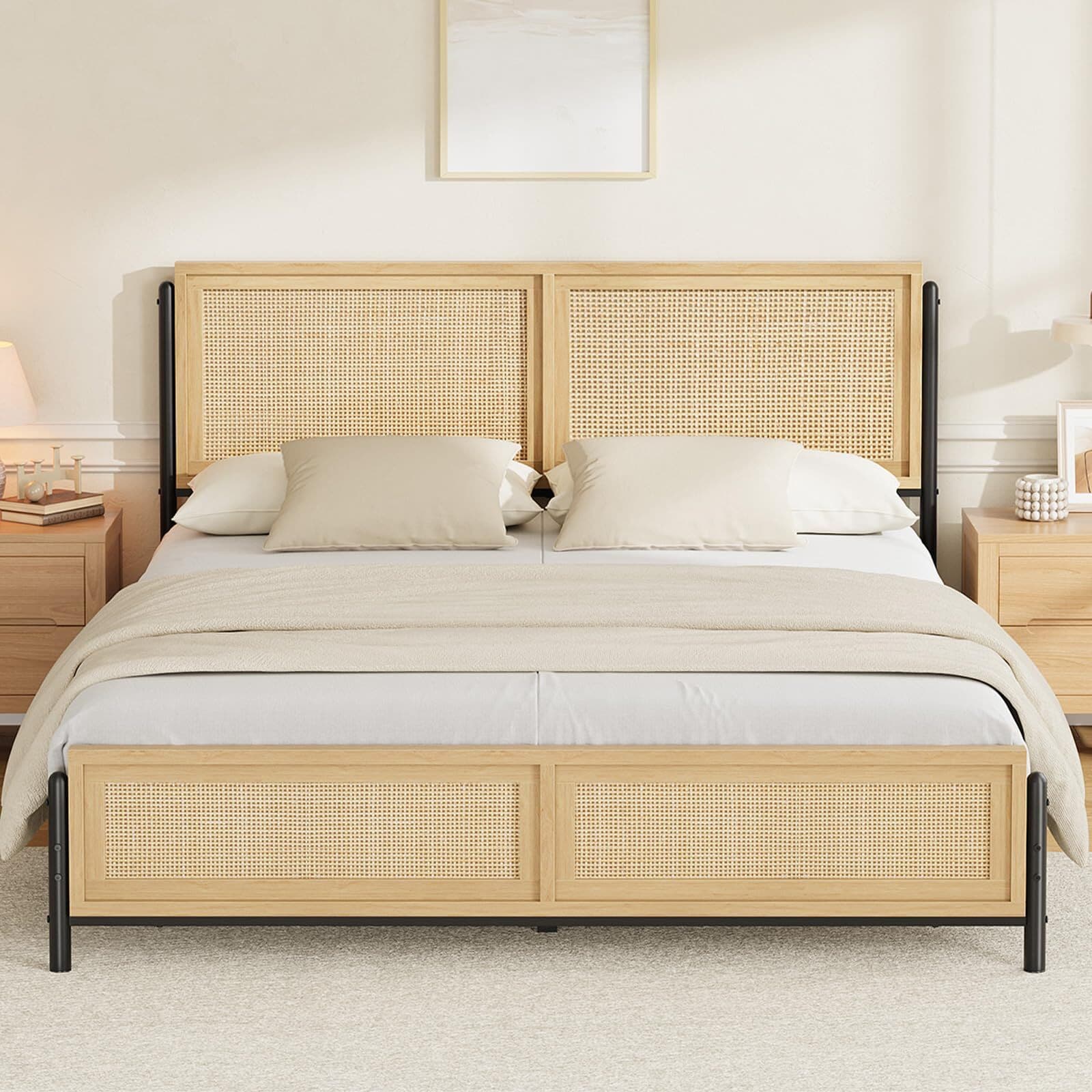 Garvee King Oak Boho Bed Frame with Natural Rattan Headboard and ...