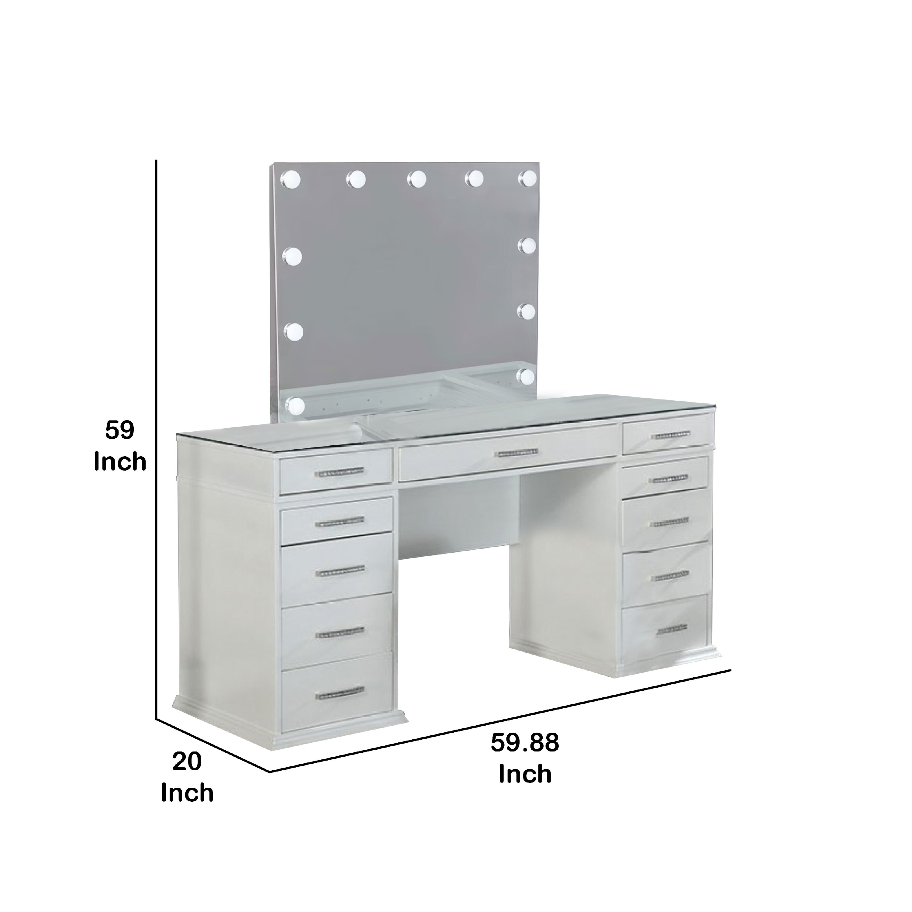 Benzara Vaz 3pc LED Mirror Vanity Table Set Glass Top Padded Stool ...
