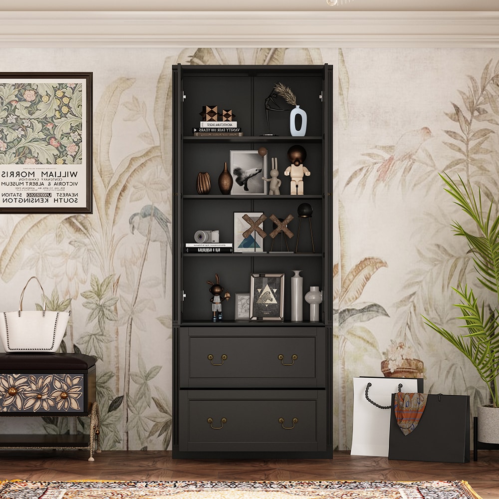 Homsee Wooden Bookcase with Glass Doors Adjustable Shelves and 2 ...