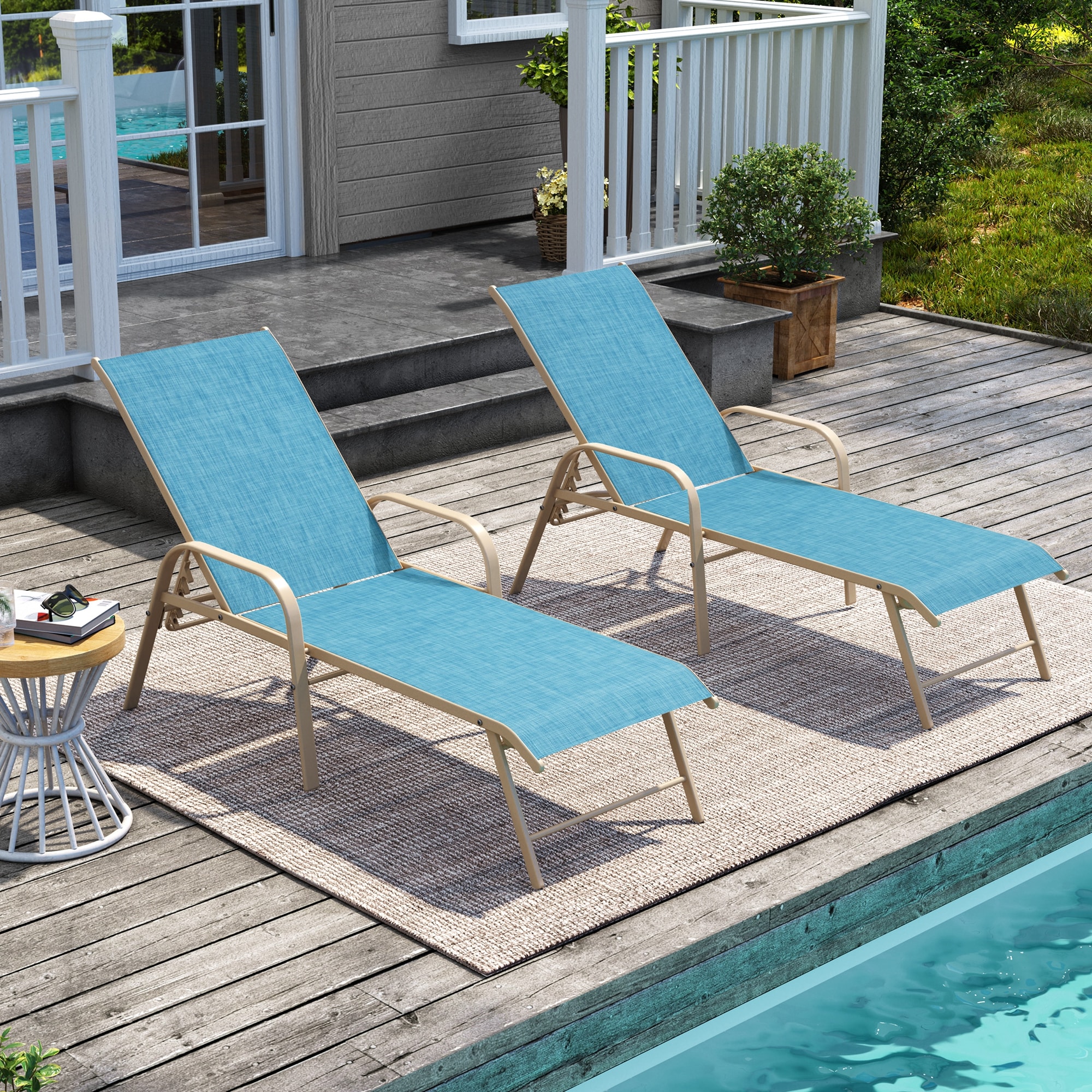Pellebant Set of 2 Brown Stationary Chaise Lounge Chair with Blue Mesh ...