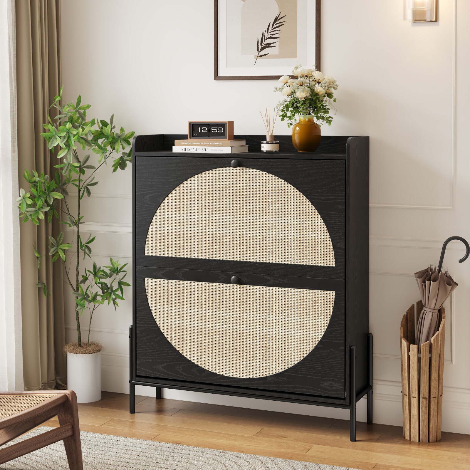 GlasFlength Light Oak Rustic Barn Door Shoe Cabinet with 4 Flip Drawers ...
