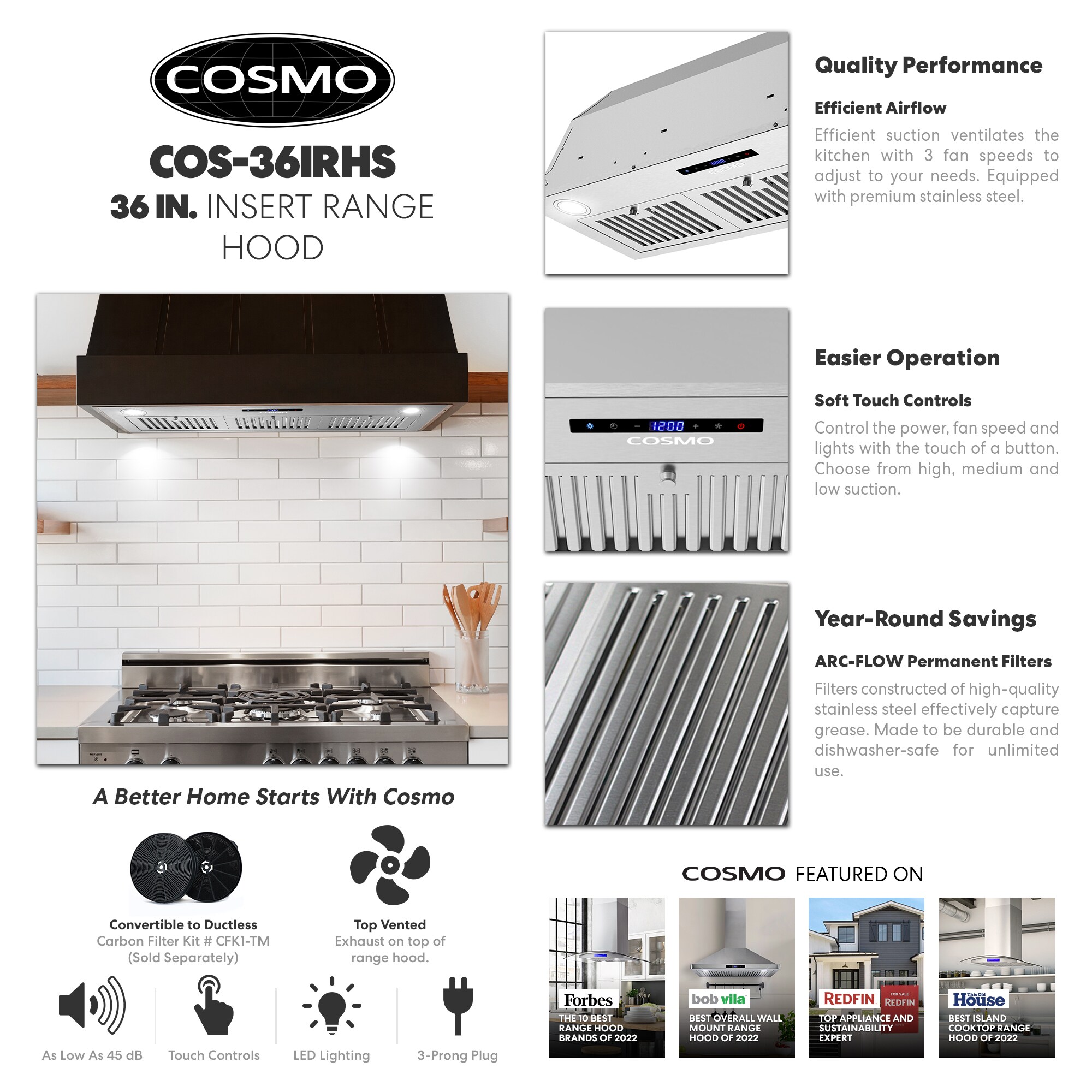 Cosmo 36-in Ducted 380-CFM Stainless Steel Insert Under Cabinet Range ...