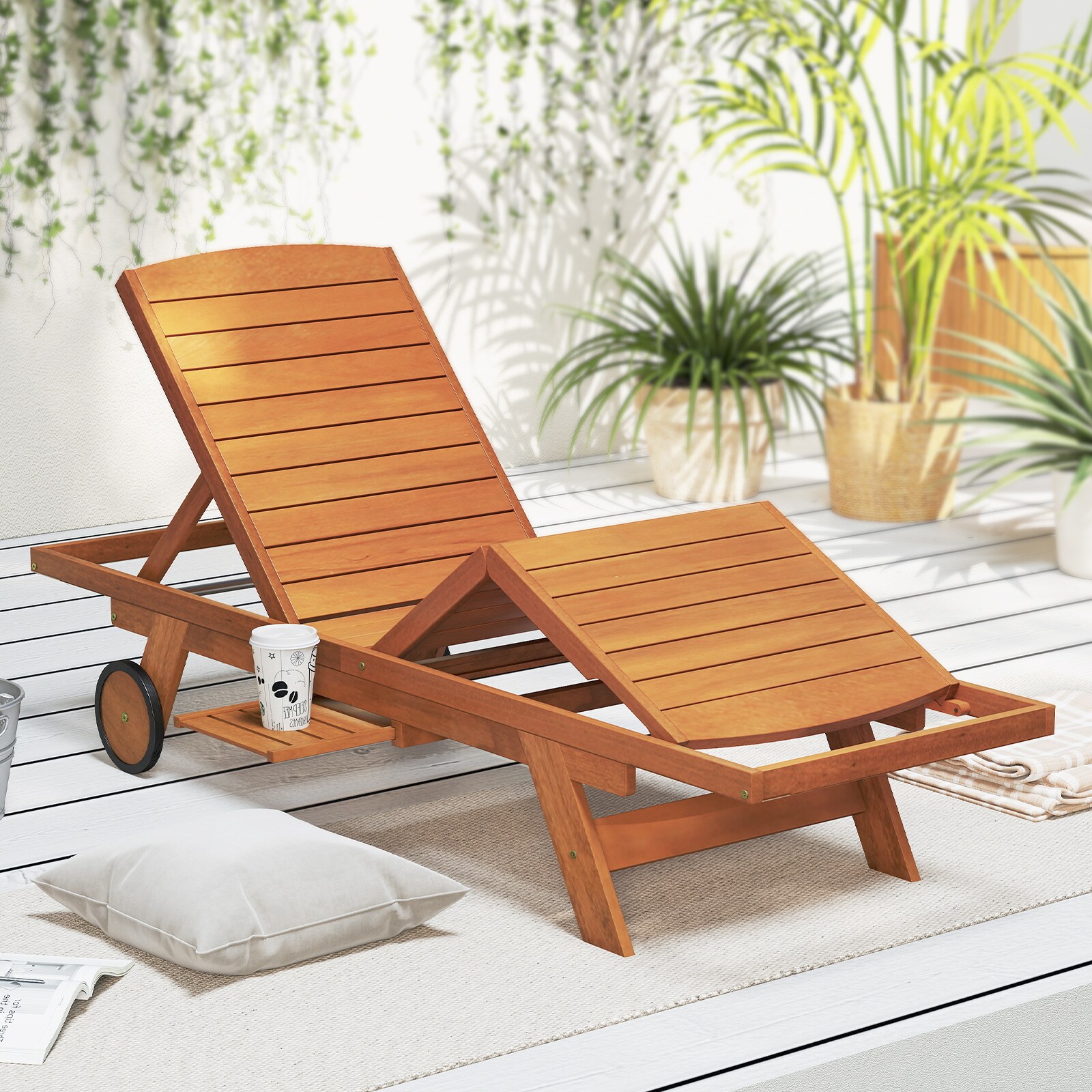 Slickblue Wooden Chaise Lounge Chair with Adjustable Backrest Positions ...