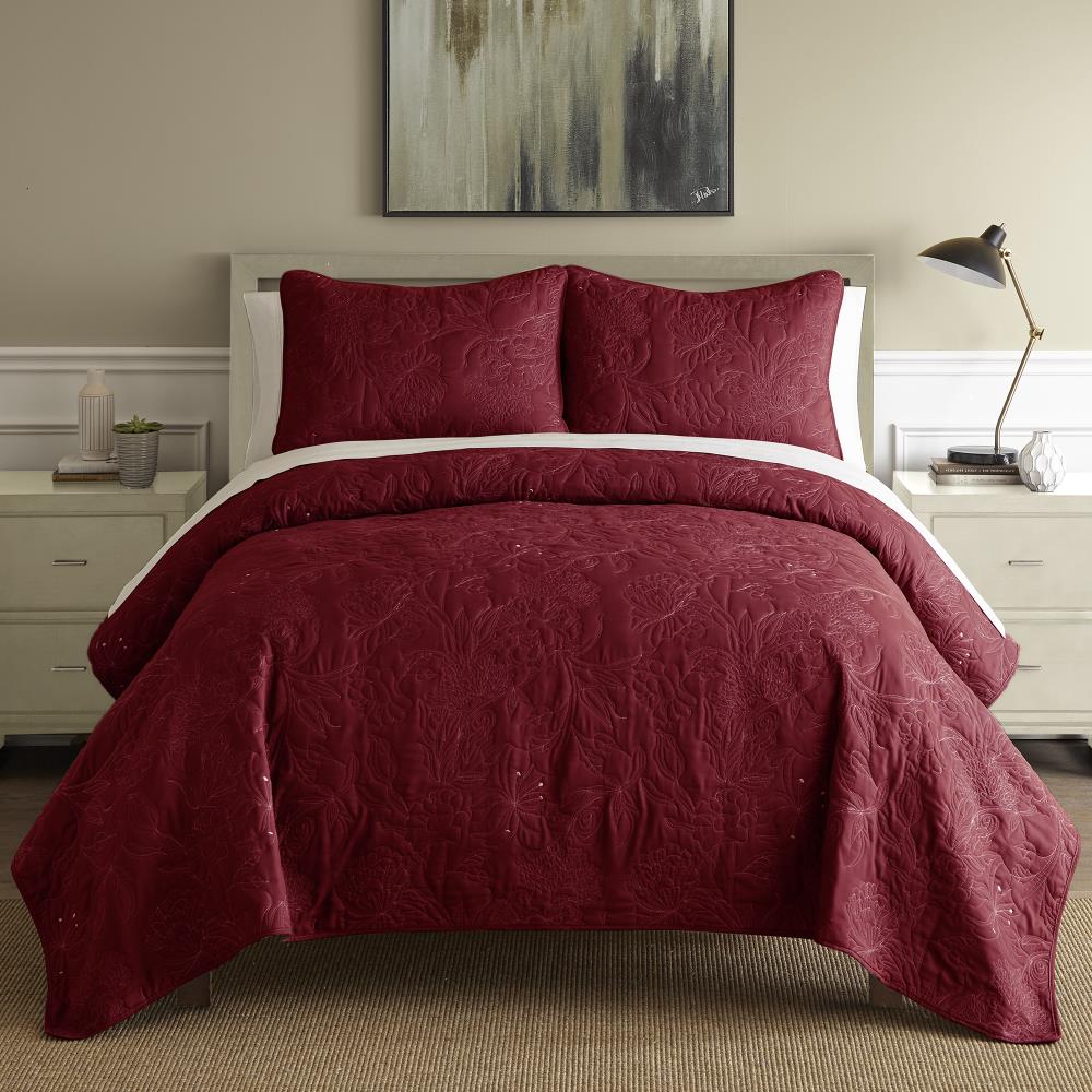 Amrapur Overseas Embroidered floral quilt set Burgundy Multi Reversible ...