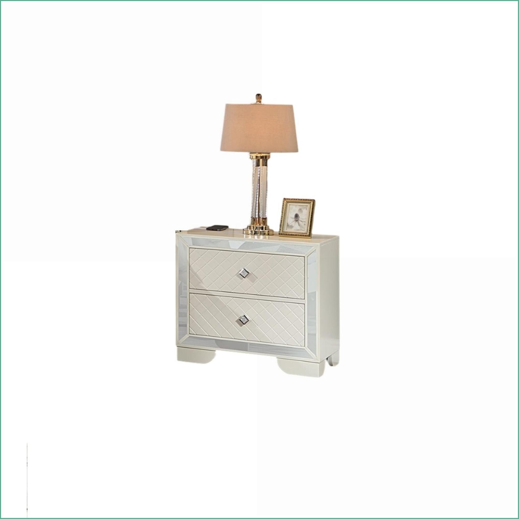 Watnature Cream Luxury Wooden Nightstand 2 Drawers Mirror Glass Bedroom ...