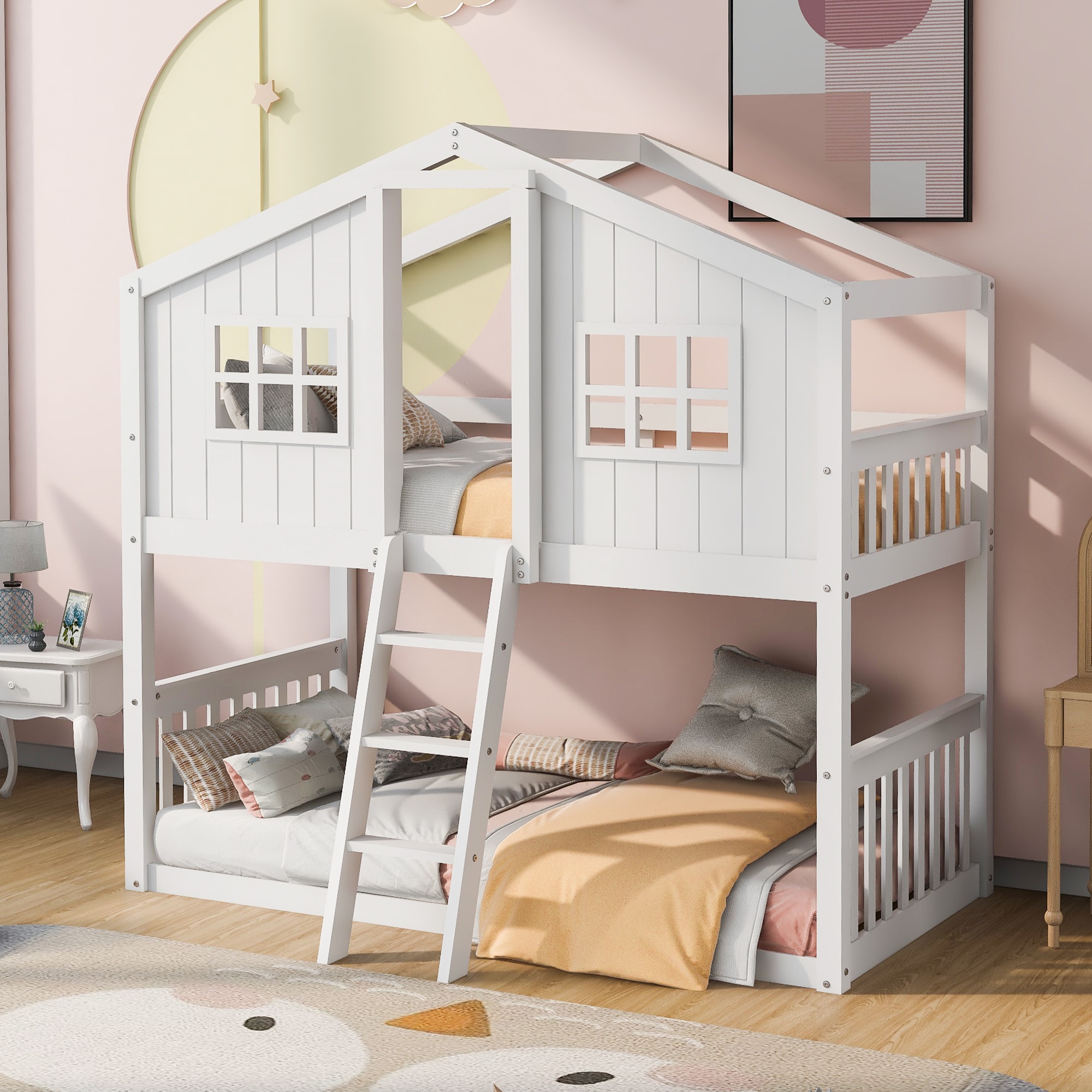 ModernLuxe Twin Over Twin House Bunk Bed With Ladder Wood BedWhite in ...