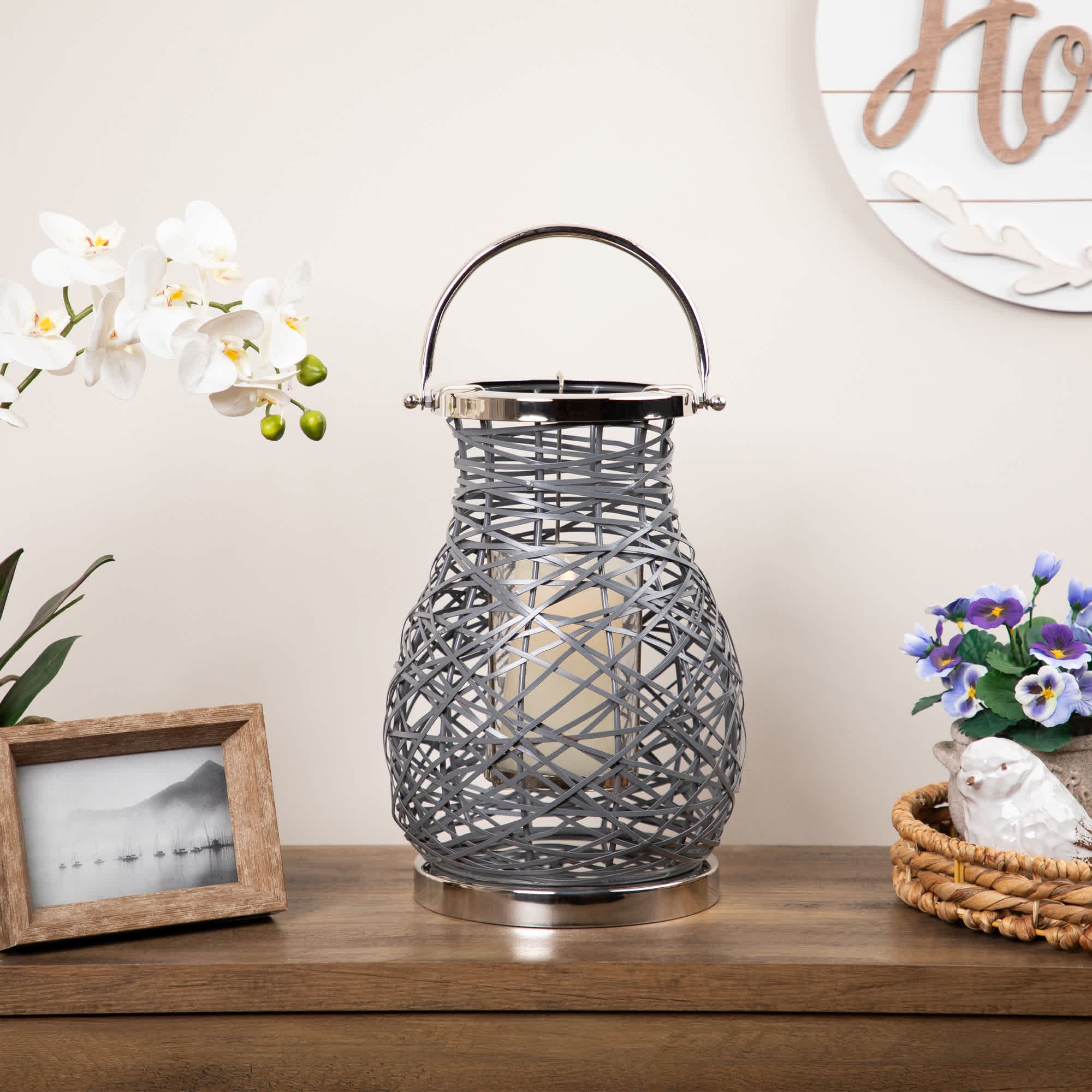 Northlight Woven Iron Pillar Candle Lantern with Glass Hurricane - 13.5 ...