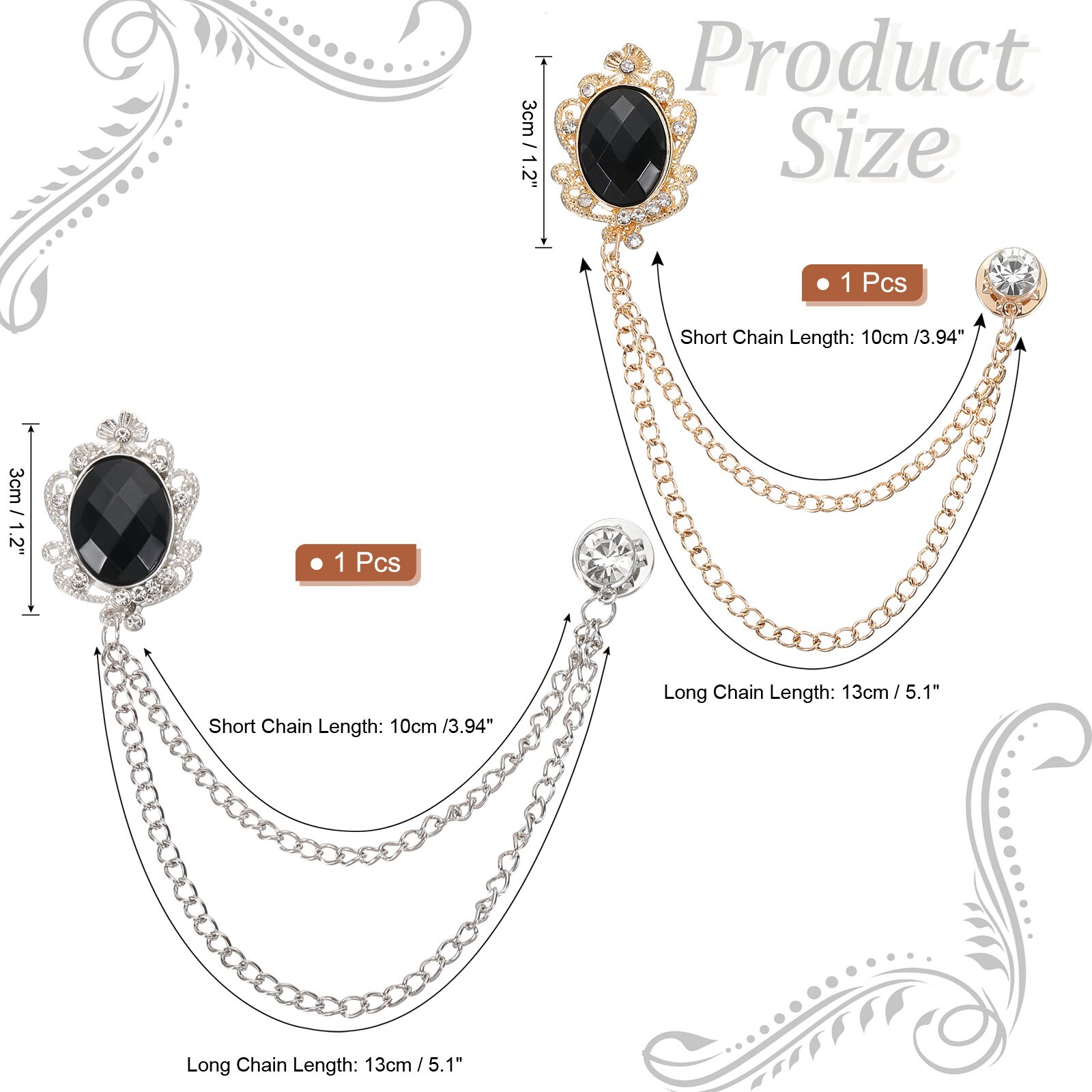 PATIKIL Gem Hanging Chain Brooch Pins 2pcs Rhinestone Men's Gem Brooch ...