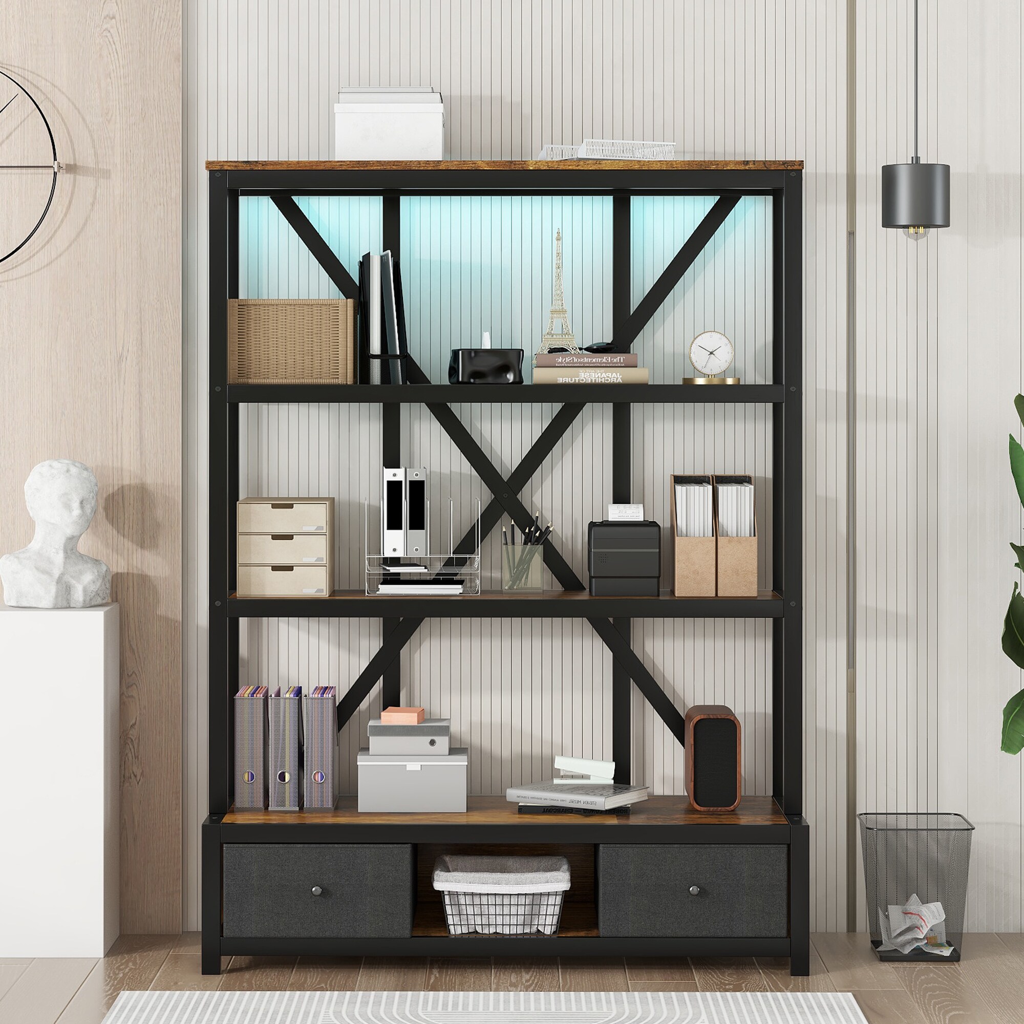 GDFStudio Vintage 3-Shelf Metal Open Bookcase with Drawers and LED for ...