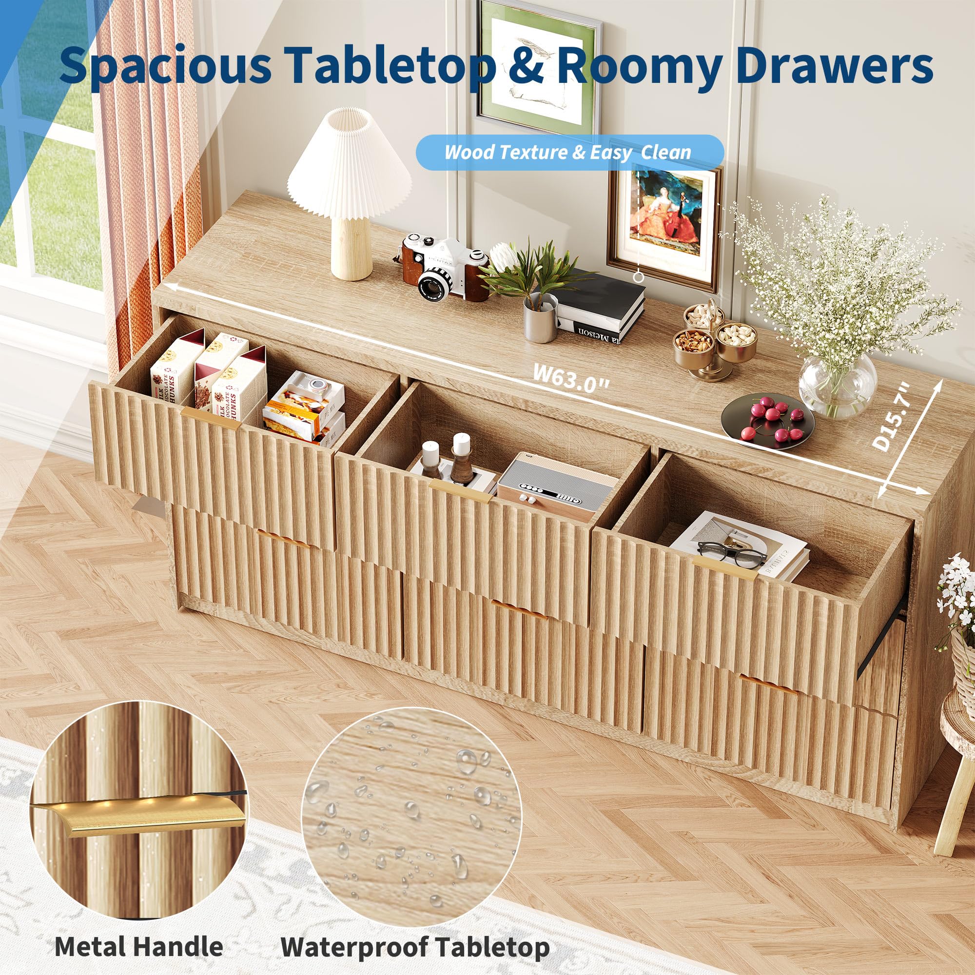 GarveeLife 9 Drawer Fluted Dresser Large Wood Storage Chest Organizer ...