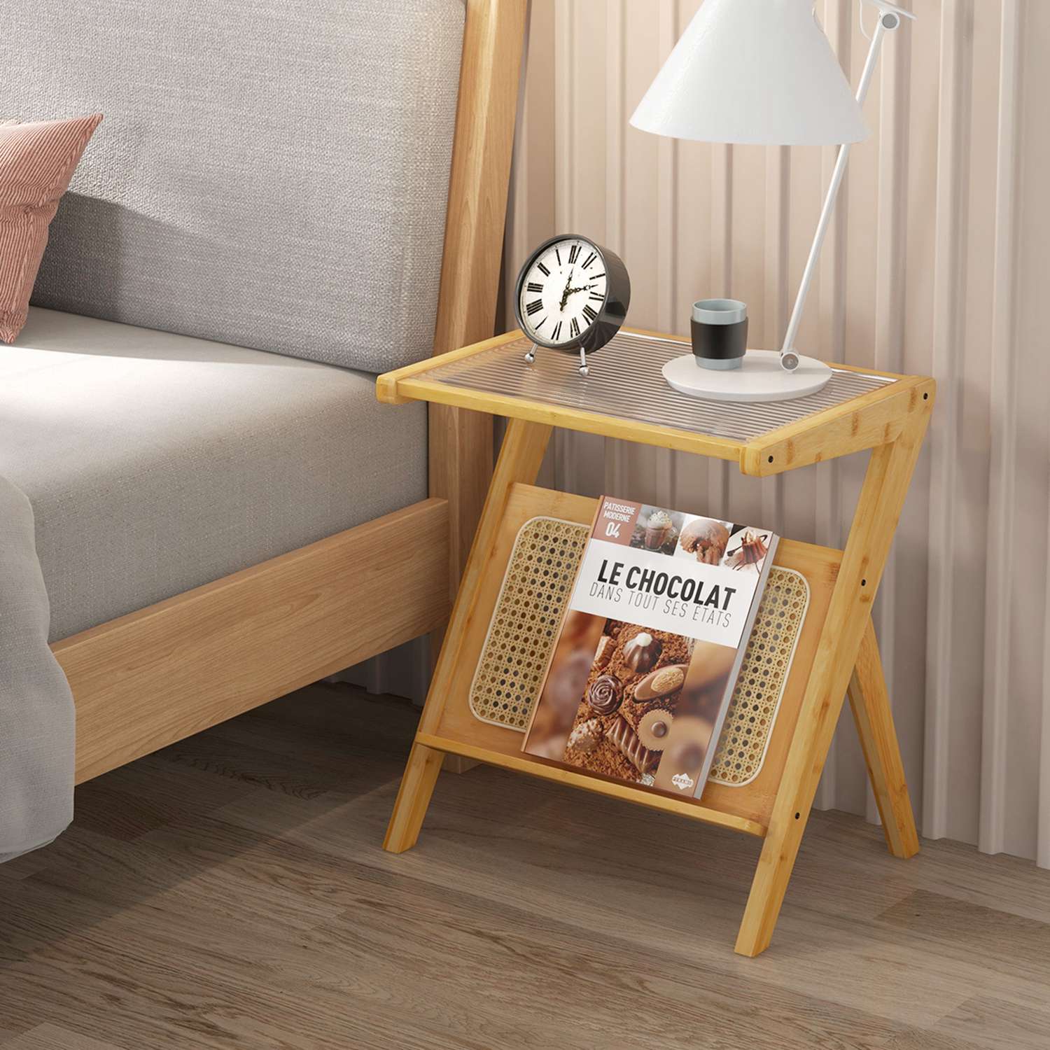 Costway Rattan Side Table Bamboo Accent Bedside Table with Tempered ...