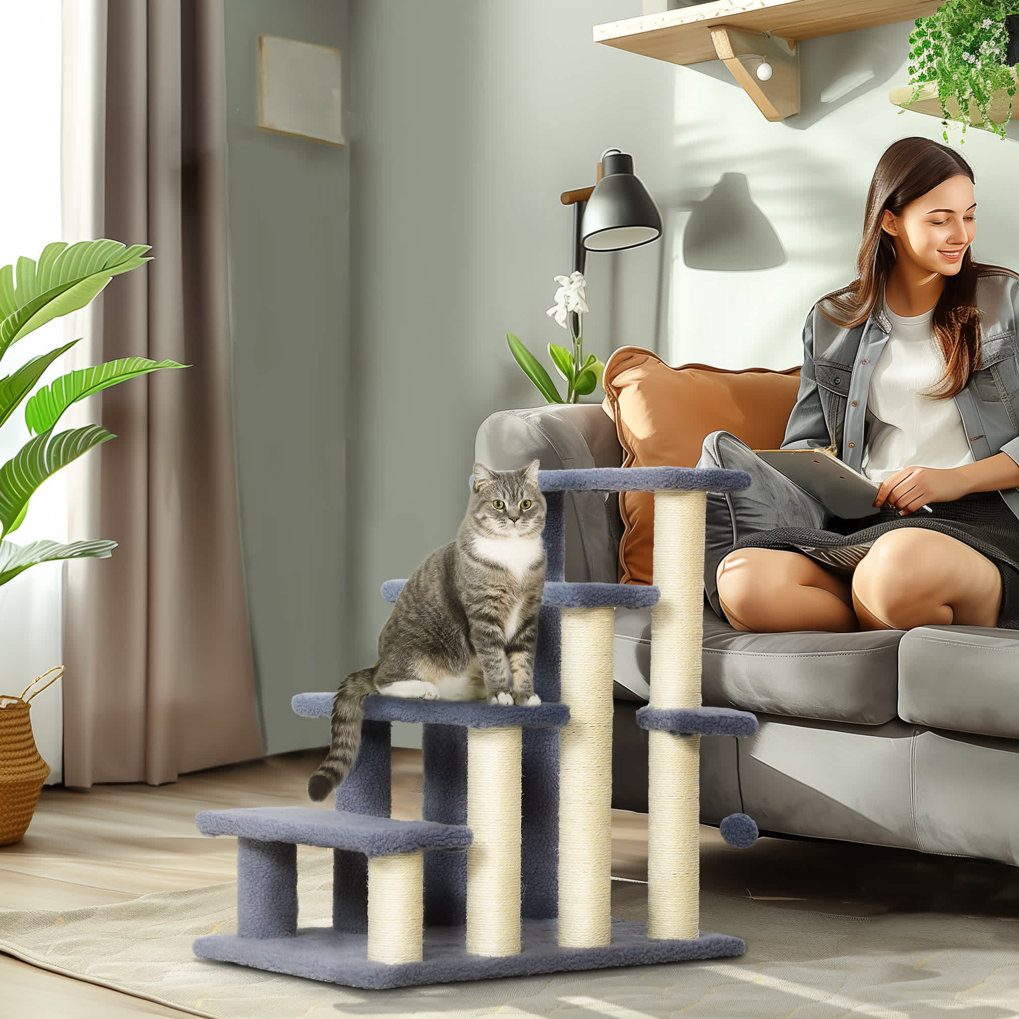 Vynxaria Gray 4 Levels Cat Steps Pet Stairs with Scratching Posts ...