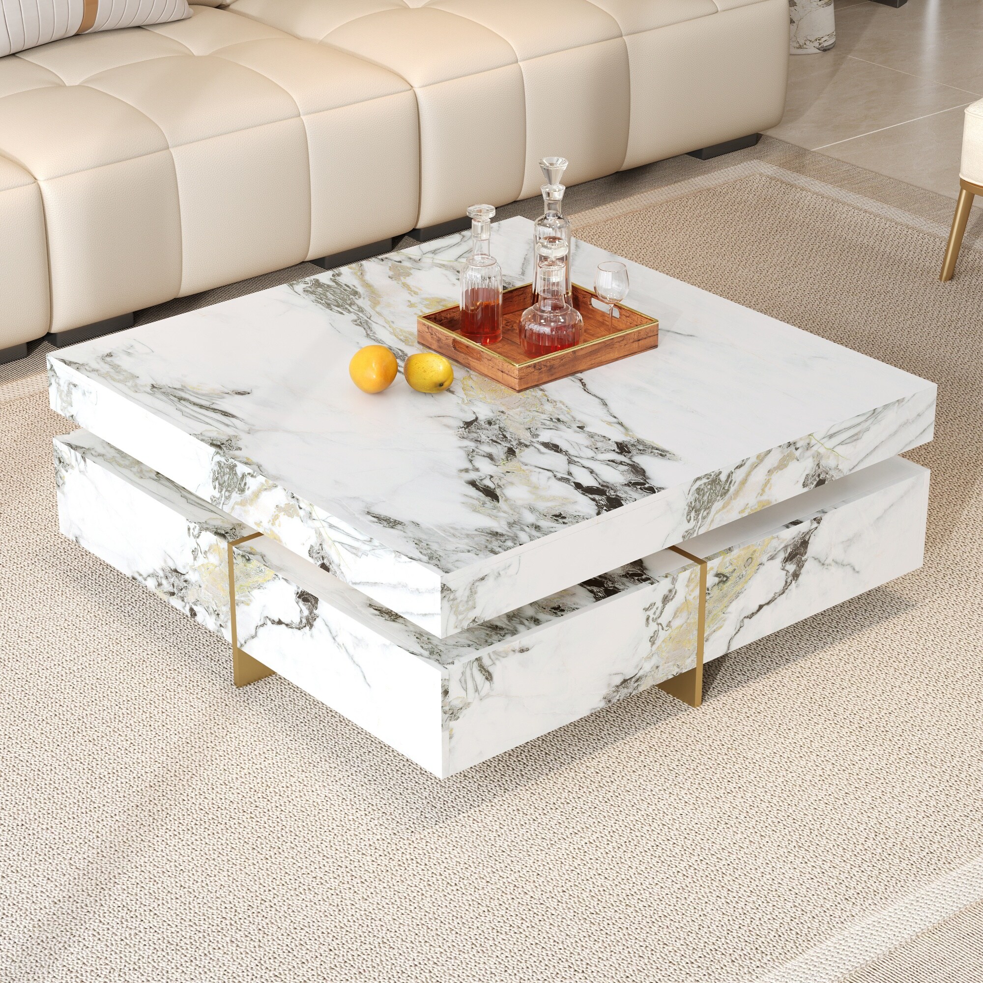 Qualler 43.3'' Modern Square Marble Textured Coffee Table with 4 ...