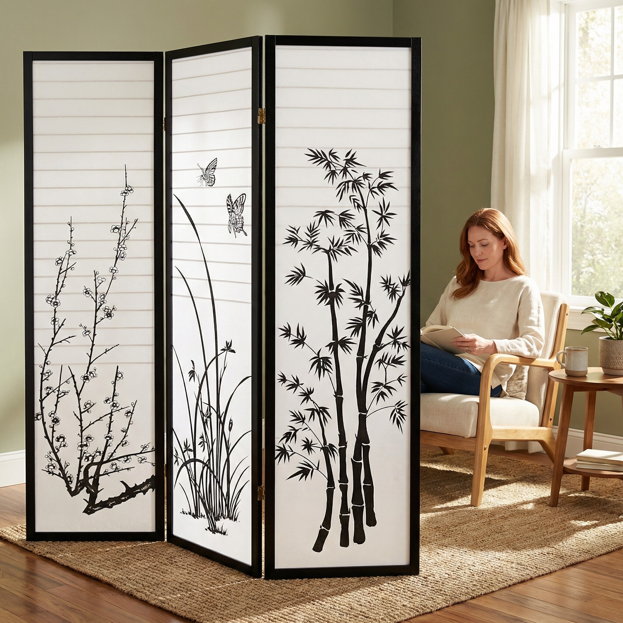 CESICIA Room Dividers 3 -Panel Black Paper Folding Traditional Style ...