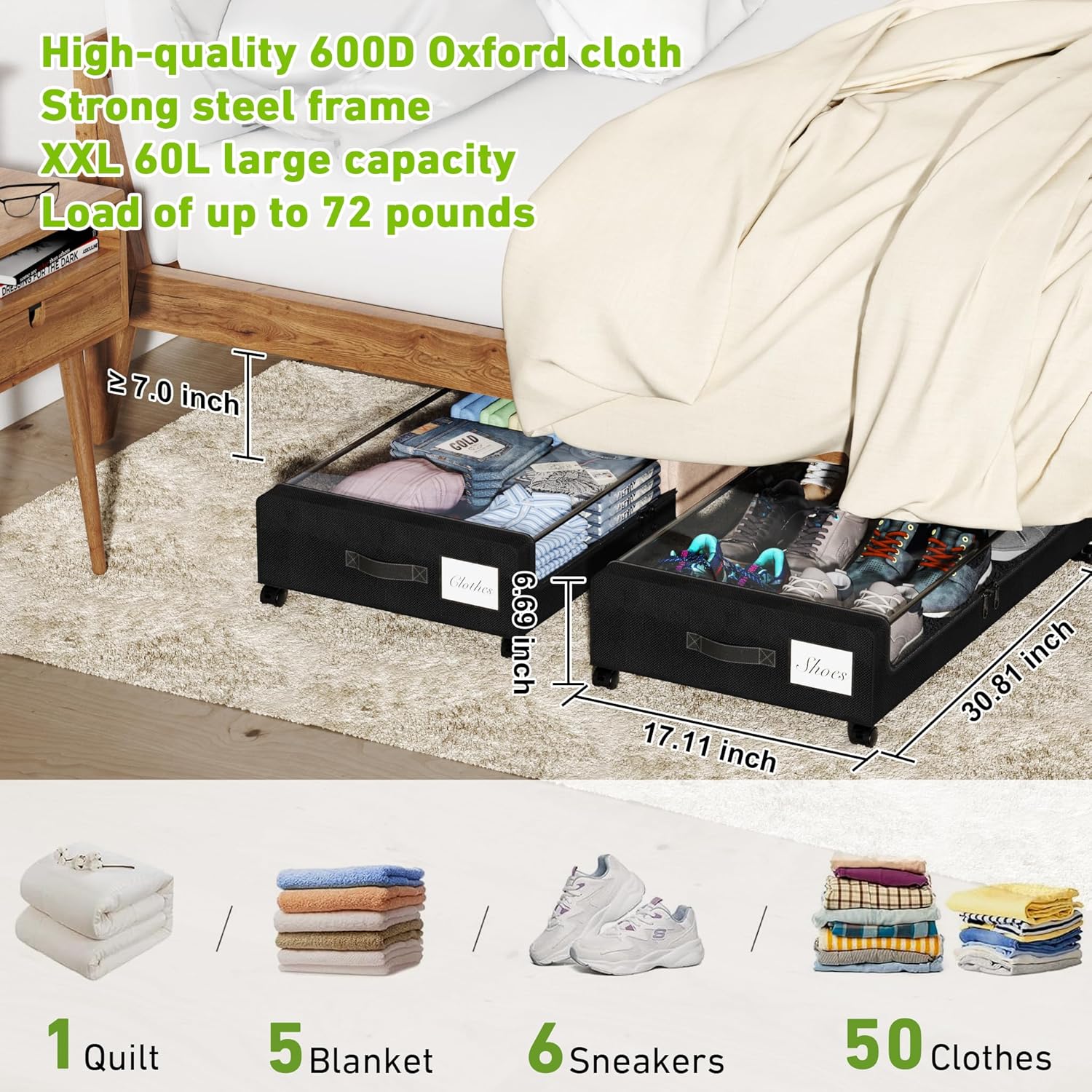 Etokfoks 2 Pack XXL 60L Under Bed Storage Containers with Wheels Clear ...