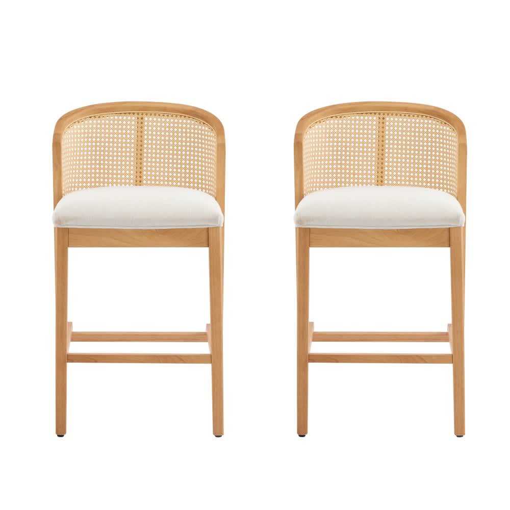 Coolbibila Set of 2 Rattan Back Wooden Counter Stools Nature Rubberwood ...