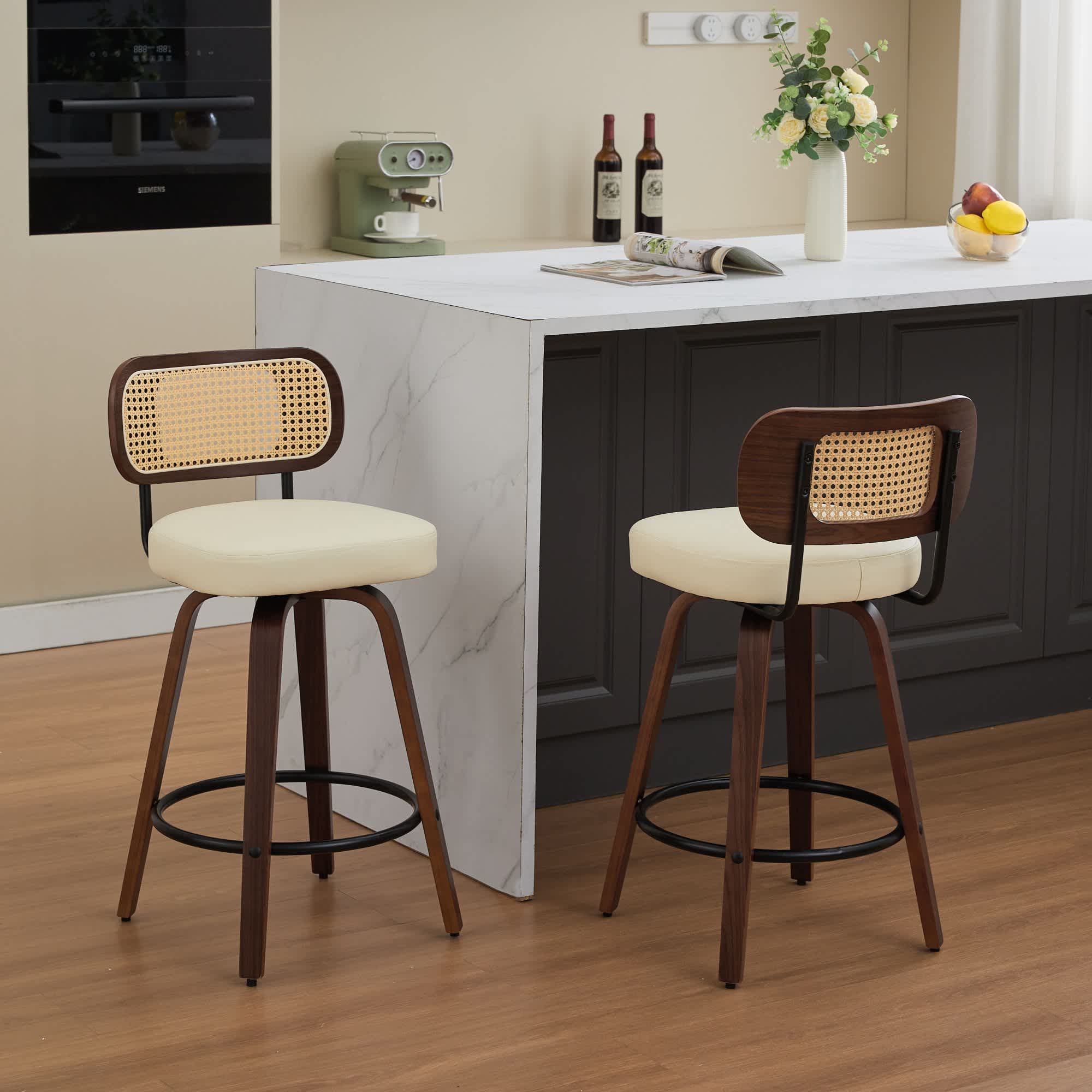 Vynxaria Set of 2 Walnut Beige Counter Height Bar Stools 26 Inches ...