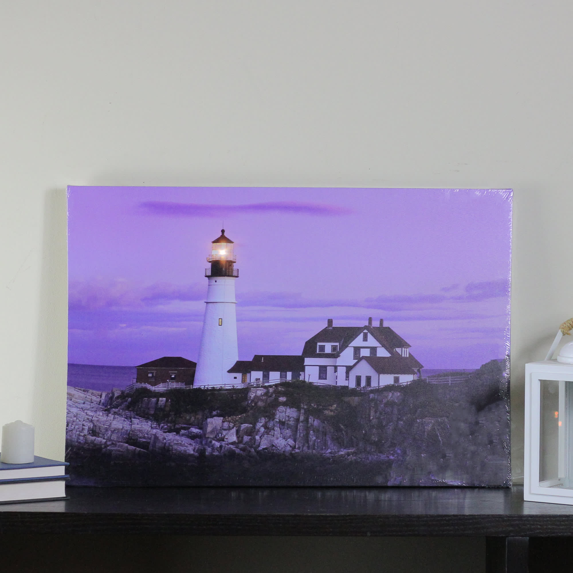 Northlight LED Lighted Coastal Lighthouse Home with Sunset Canvas Wall ...