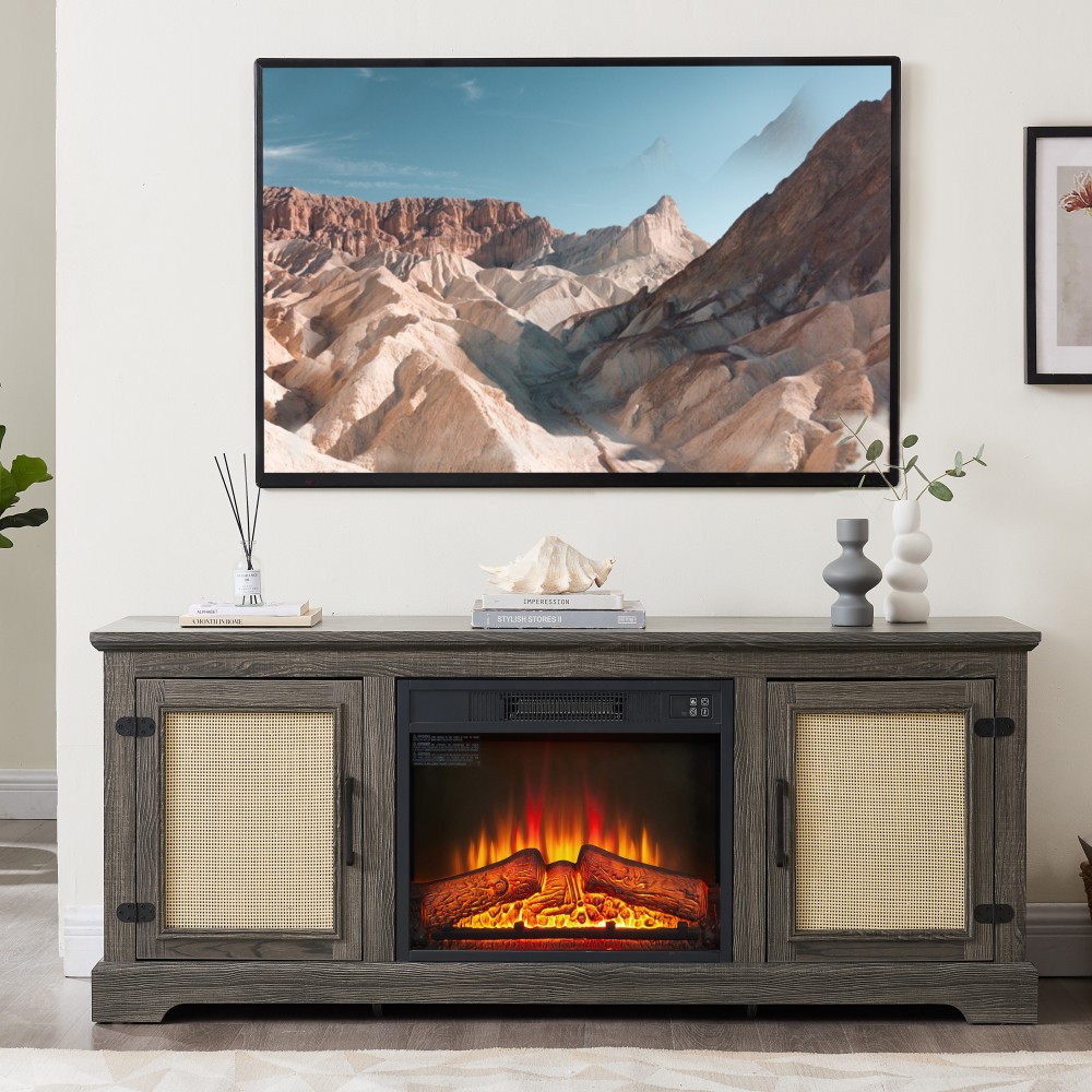 Tatayosi 65 Inch Grey TV Stand with 23 Inch Fireplace and Rattan Doors ...