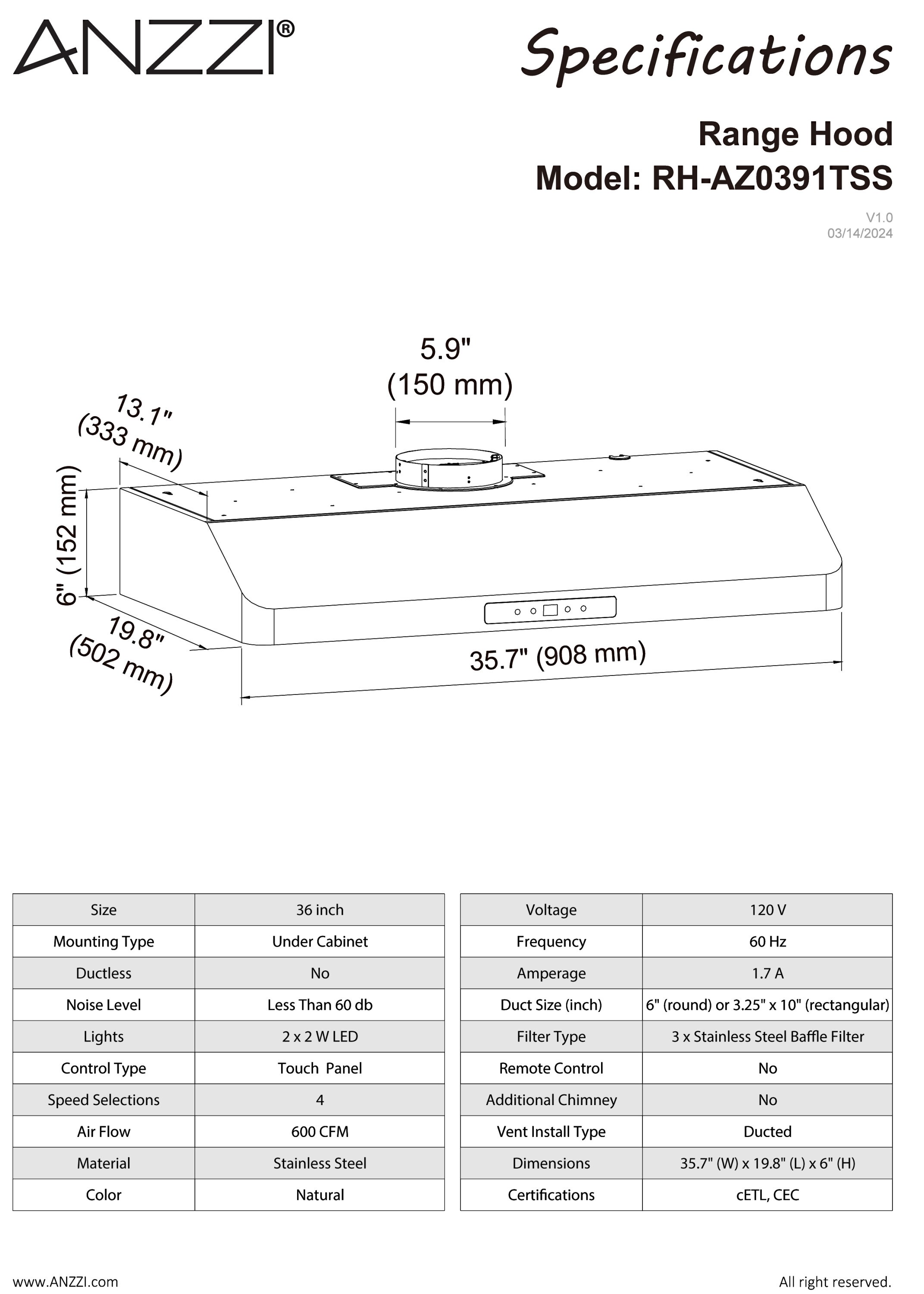 ANZZI 36-in Ducted 600-CFM Stainless Steel Under Cabinet Range Hood RH ...