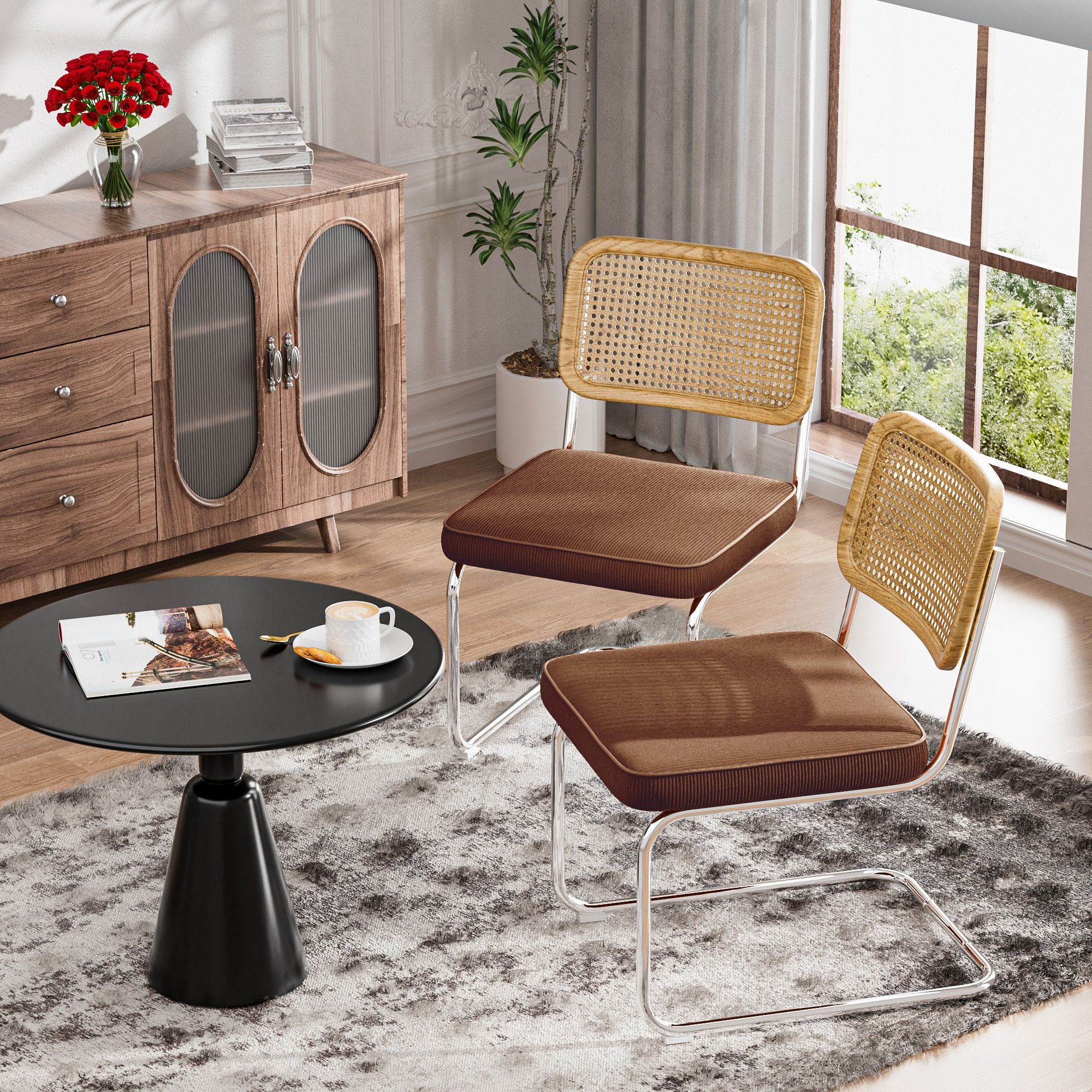 KERDOM Cloth-Faced Rattan Back Velvet Dining Chair Set of 2 Modern ...