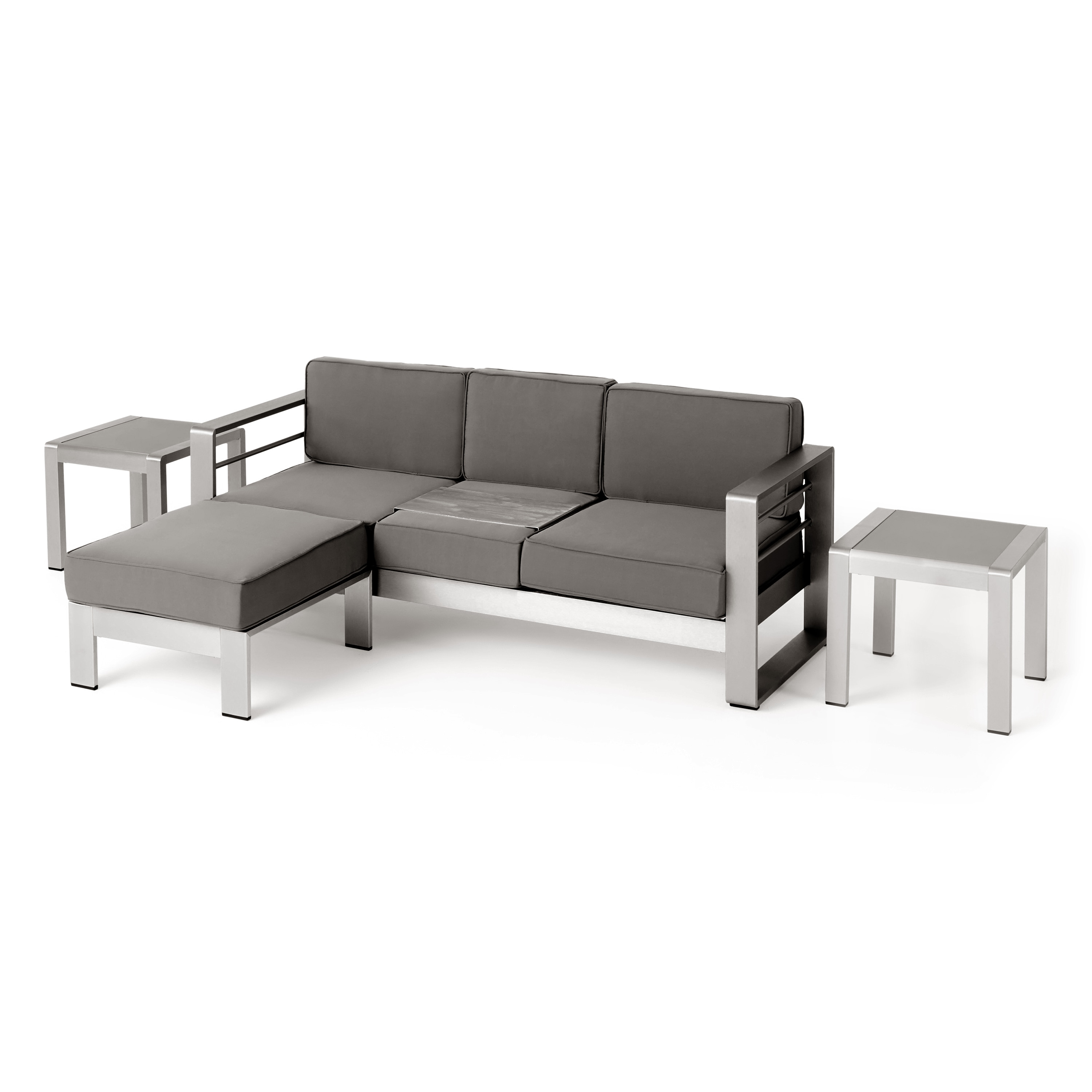 Christopher Knight Home Cape Coral Outdoor 3 Seater Aluminum Sofa and Ottoman Set with Side ...