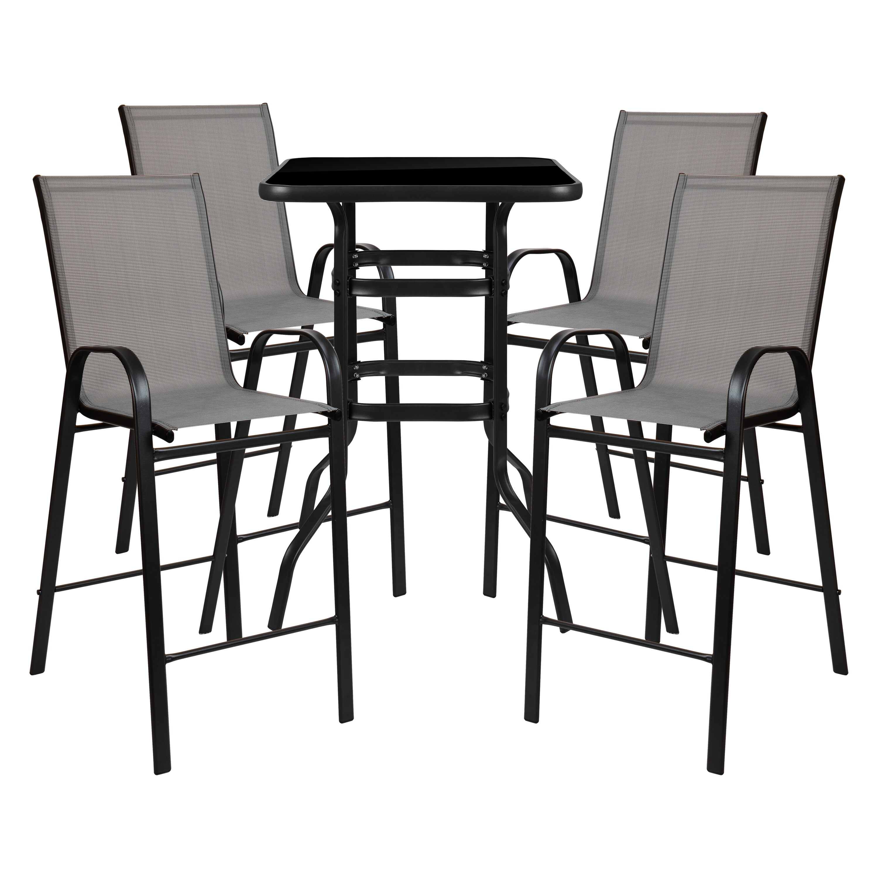 Emma + Oliver 5 Piece Outdoor Bar Height Set-Glass Patio Bar Table-Gray ...