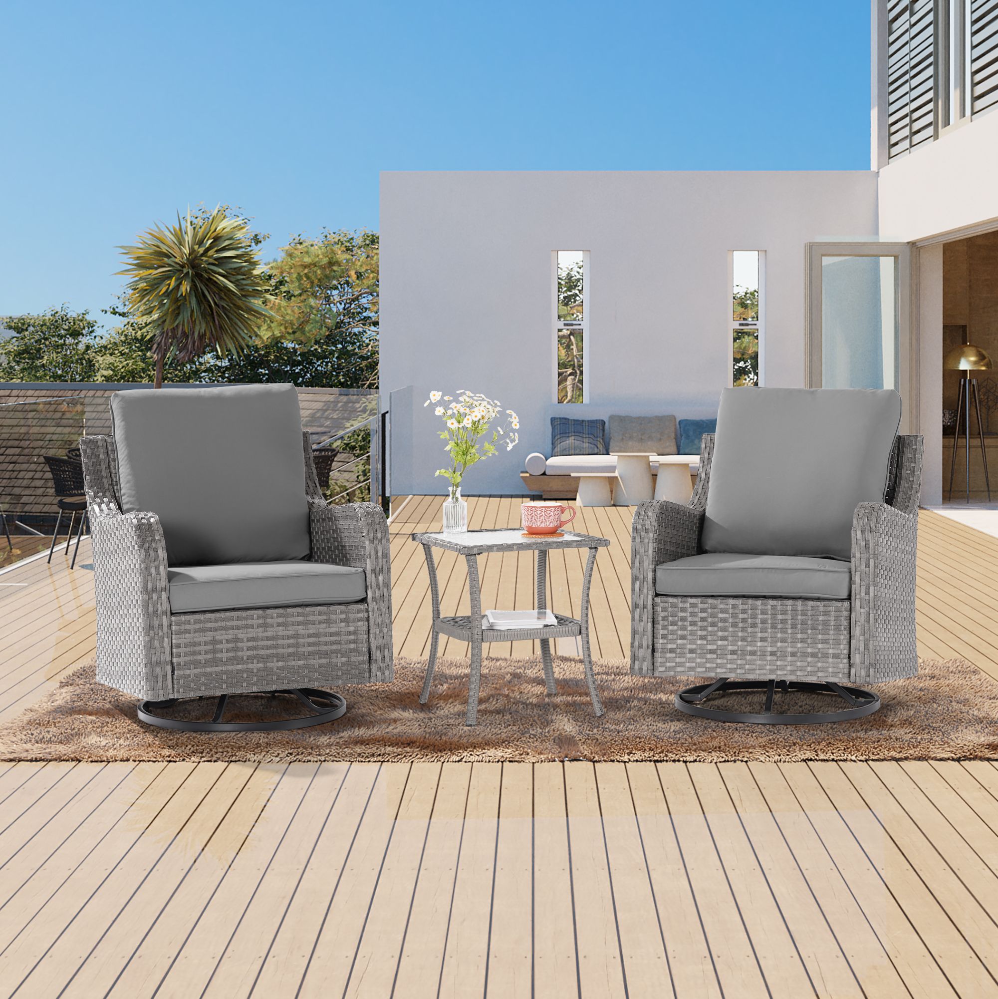 ACEGOSES 3-Piece Wicker Patio Conversation Set with Gray Cushions LW-PS ...