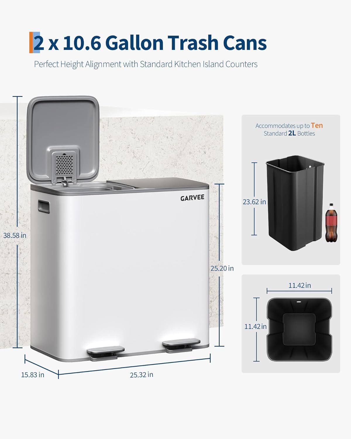 Garvee 2 x 10.6 Gallon (2 x 40L) Dual Compartment Kitchen Trash Can ...