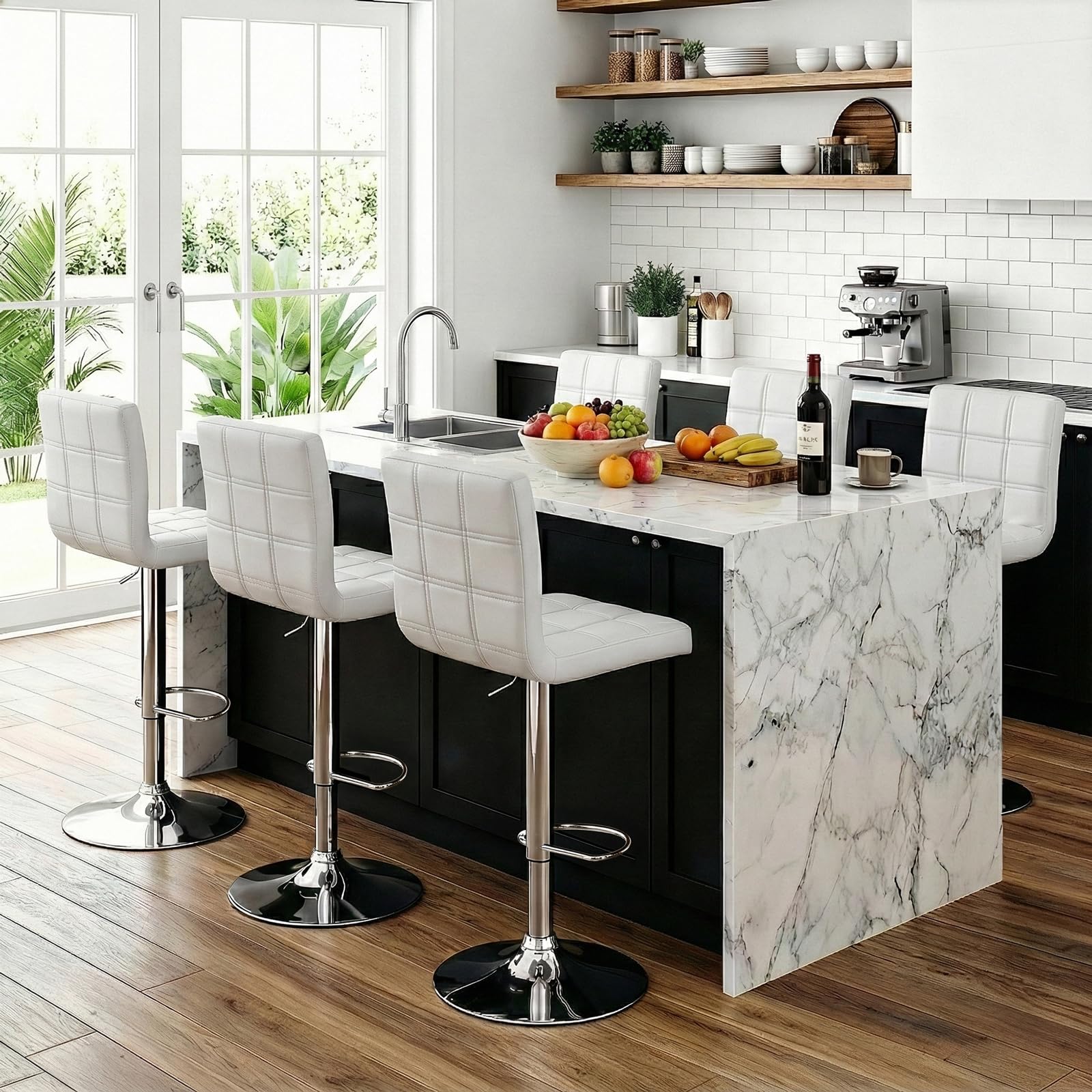 PIGFDK White Set Of 4 Adjustable Swivel Barstools Modern PU Leather ...