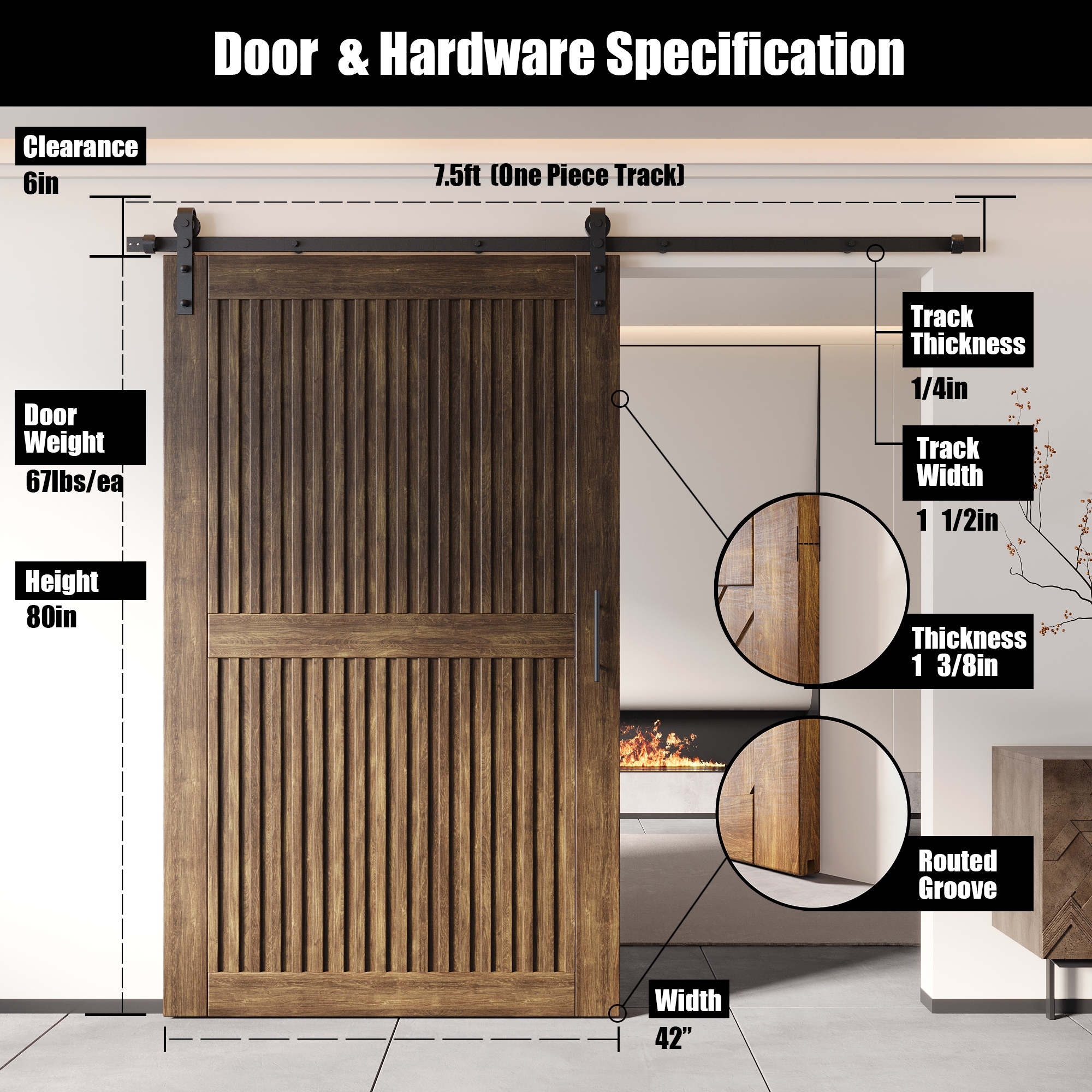 HOMACER 42-in x 80-in Dark Walnut Pine Wood Solid core Single Barn Door ...