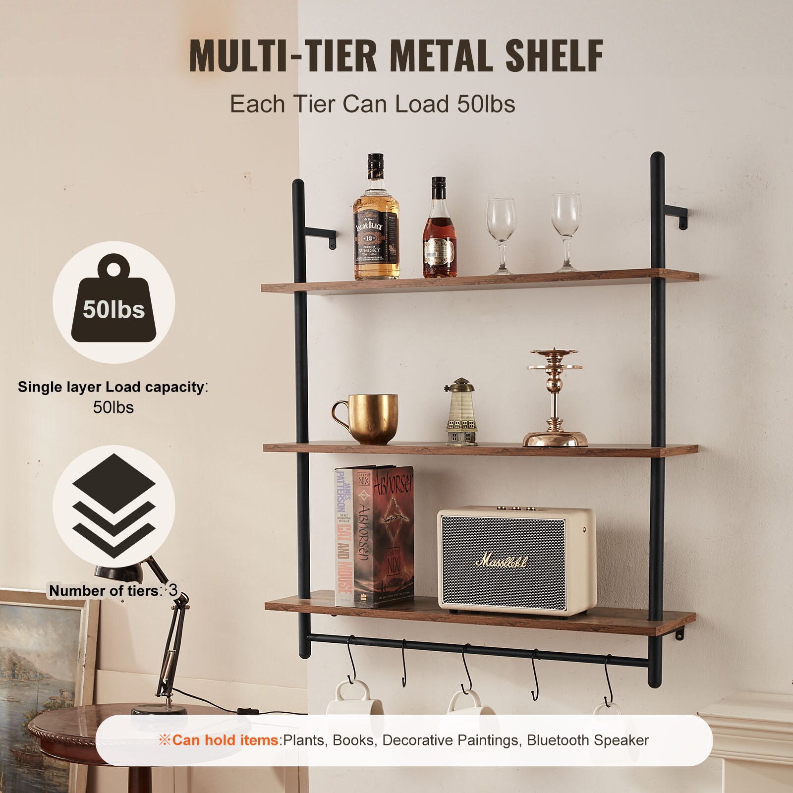 VEVOR Industrial Pipe Shelf 3 Tier 32x9.84in Wall-Mount Floating Rustic ...
