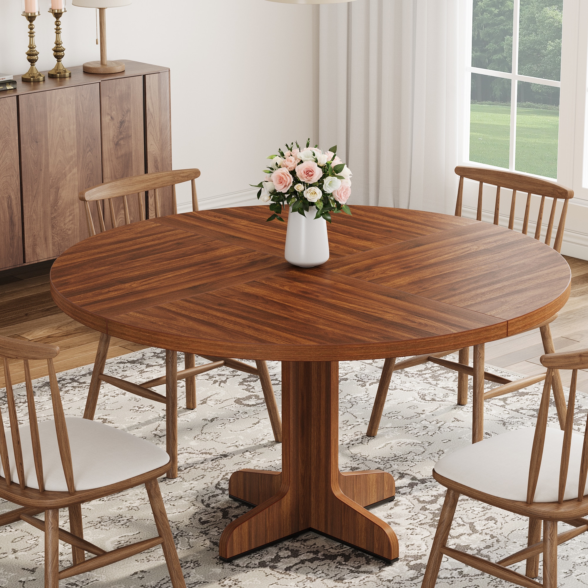 Garvee 47 Inch Round Dining Table for 4 - Walnut Farmhouse Kitchen ...