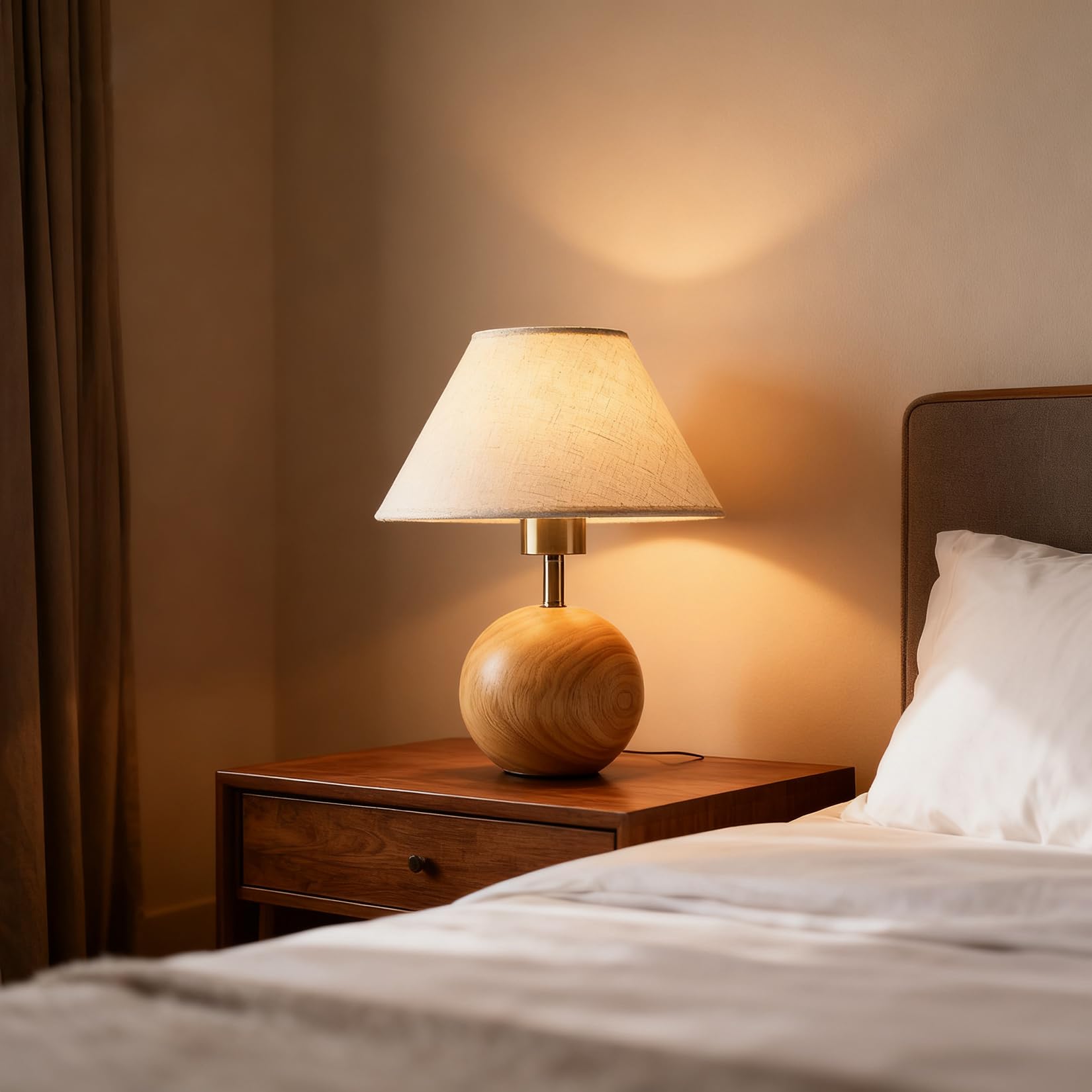 OMOMMD Table Lamp Natural Wood Base Linen Shade Ambient Desk Lamp for ...