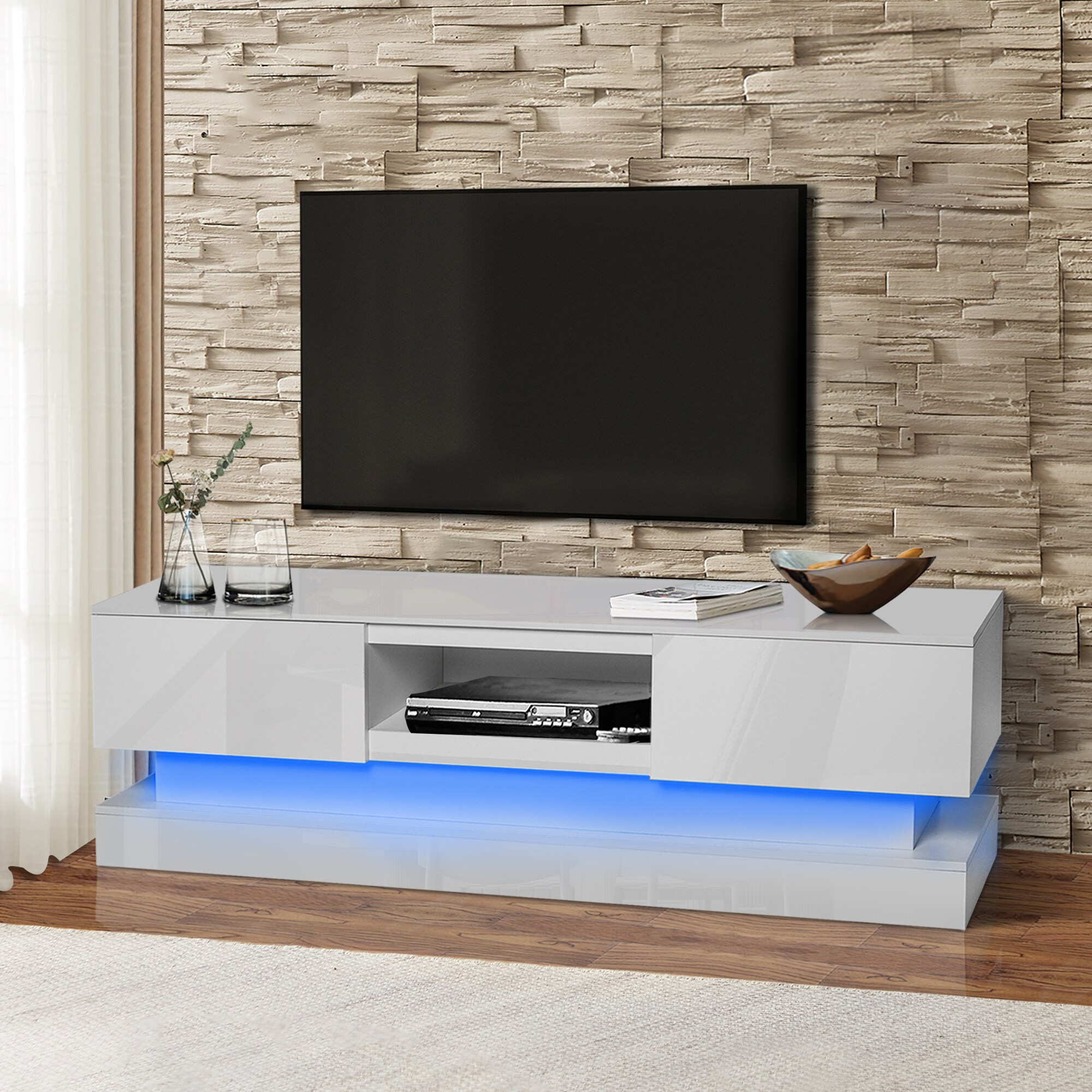LOVMOR 63inch WHITE morden TV Stand with LED Lights high glossy front ...